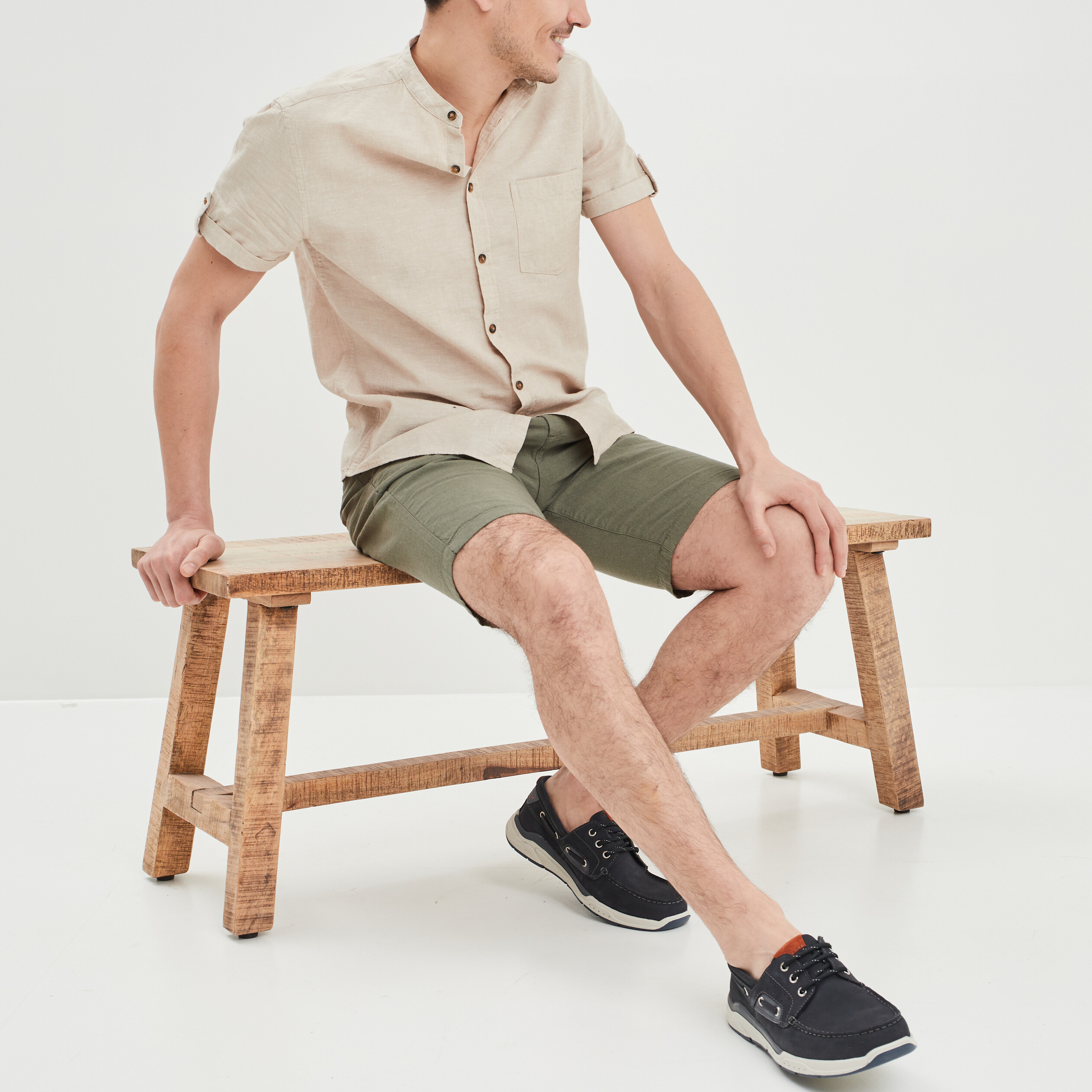 Short chino droit lin majoritaire vert kaki homme | La Halle