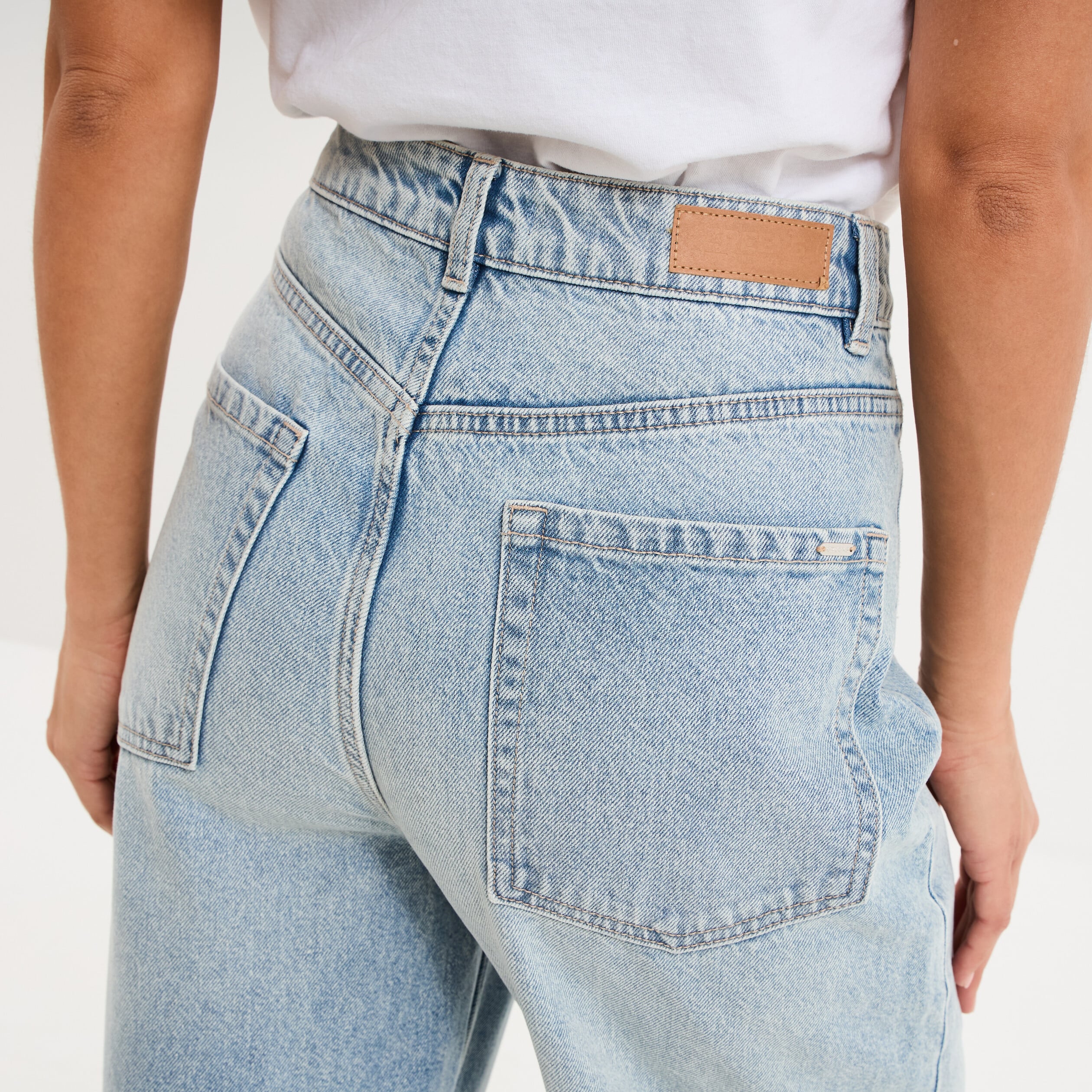 Jean balloon taille haute cropped coton bleu gris femme | La Halle