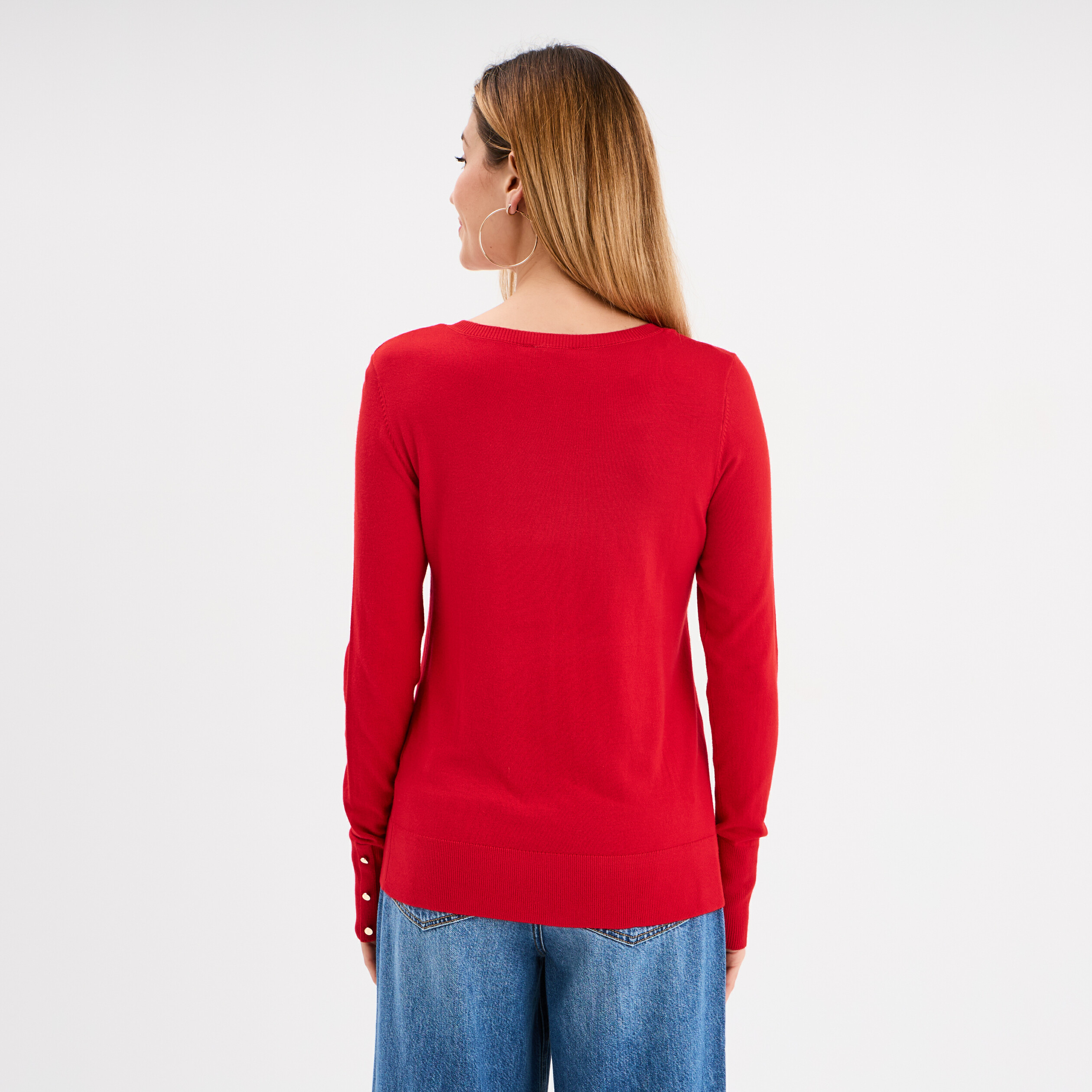 Pull col rond boutons aux poignets rouge femme | La Halle