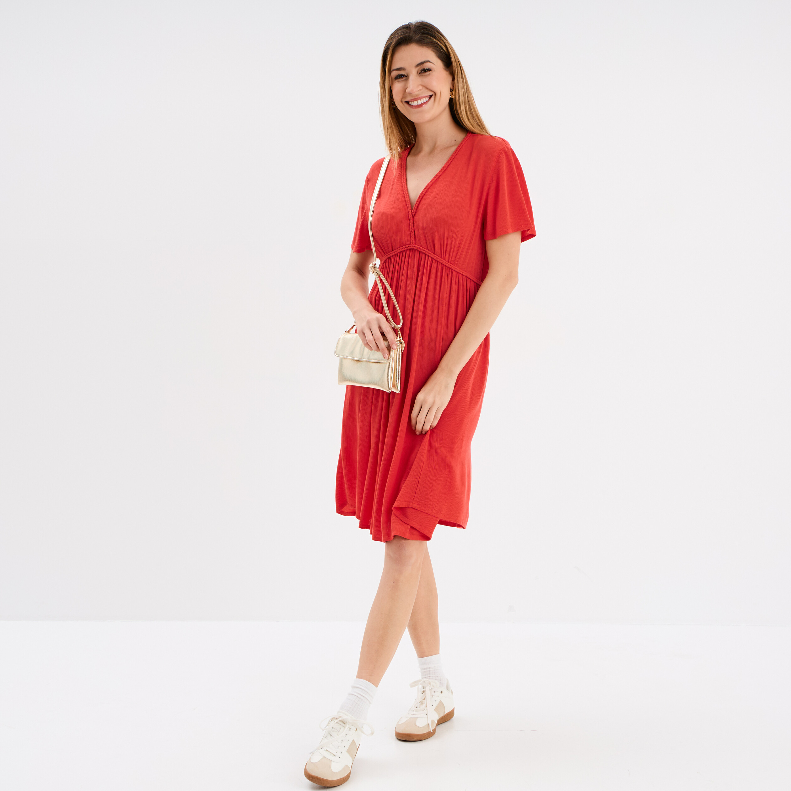 Robe col en V détails tressés rouge femme | La Halle