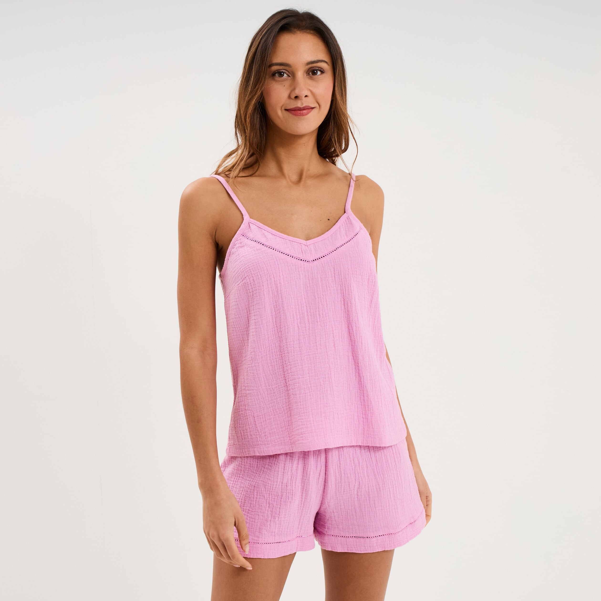 Haut de pyjama débardeur gaze de coton rose femme | La Halle