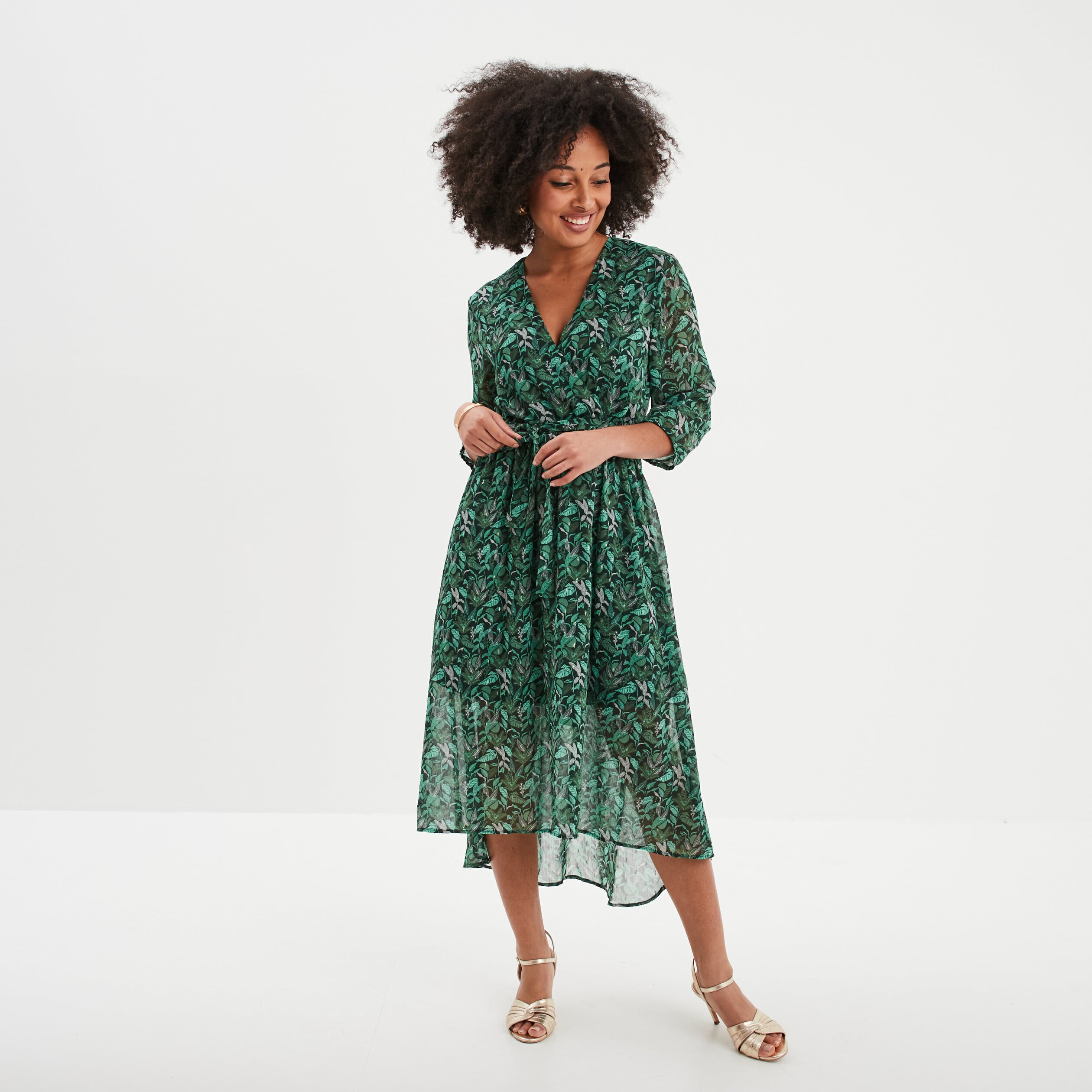 Robe longue col cache-coeur fluide vert femme | La Halle