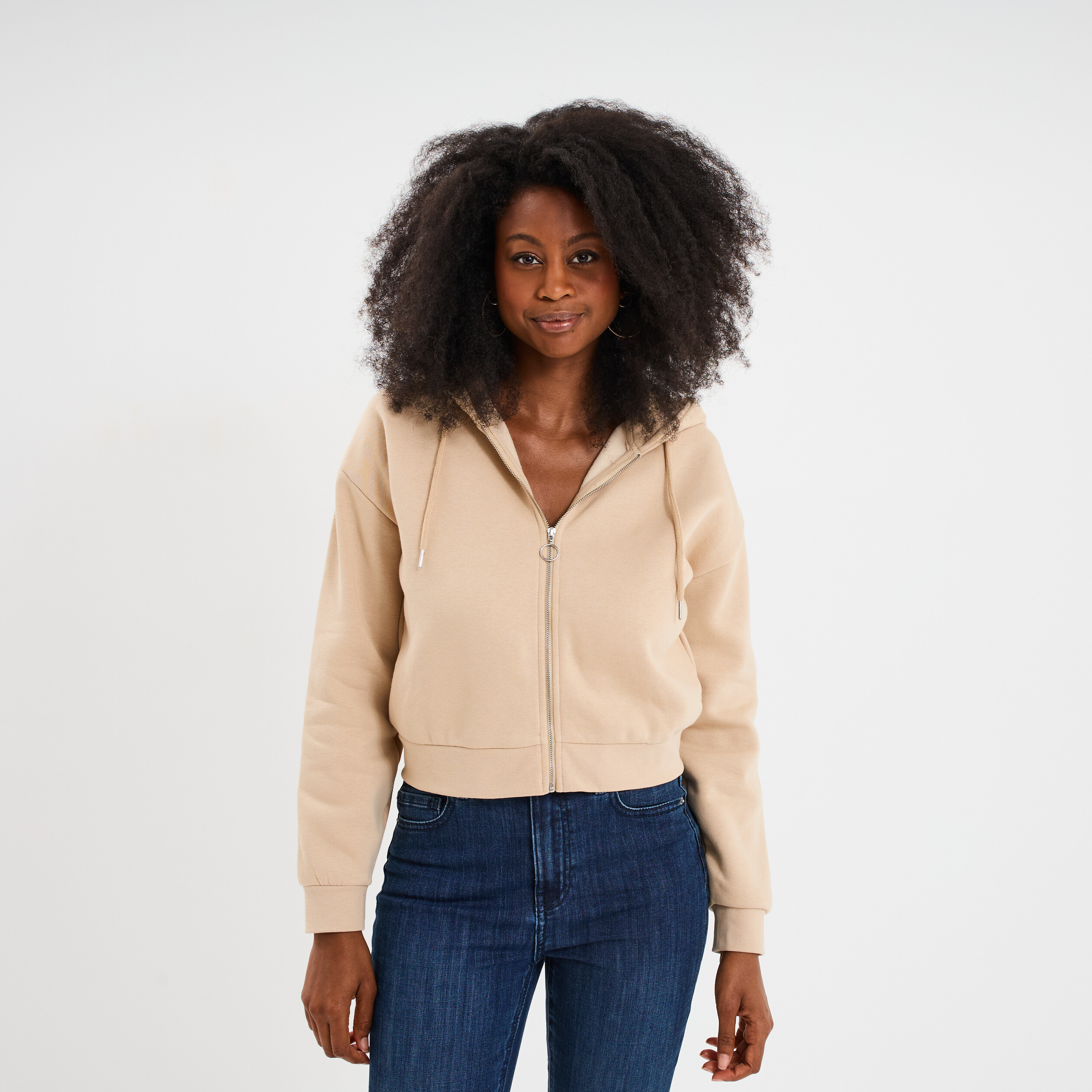 Sweat zippé à capuche court sable femme | La Halle