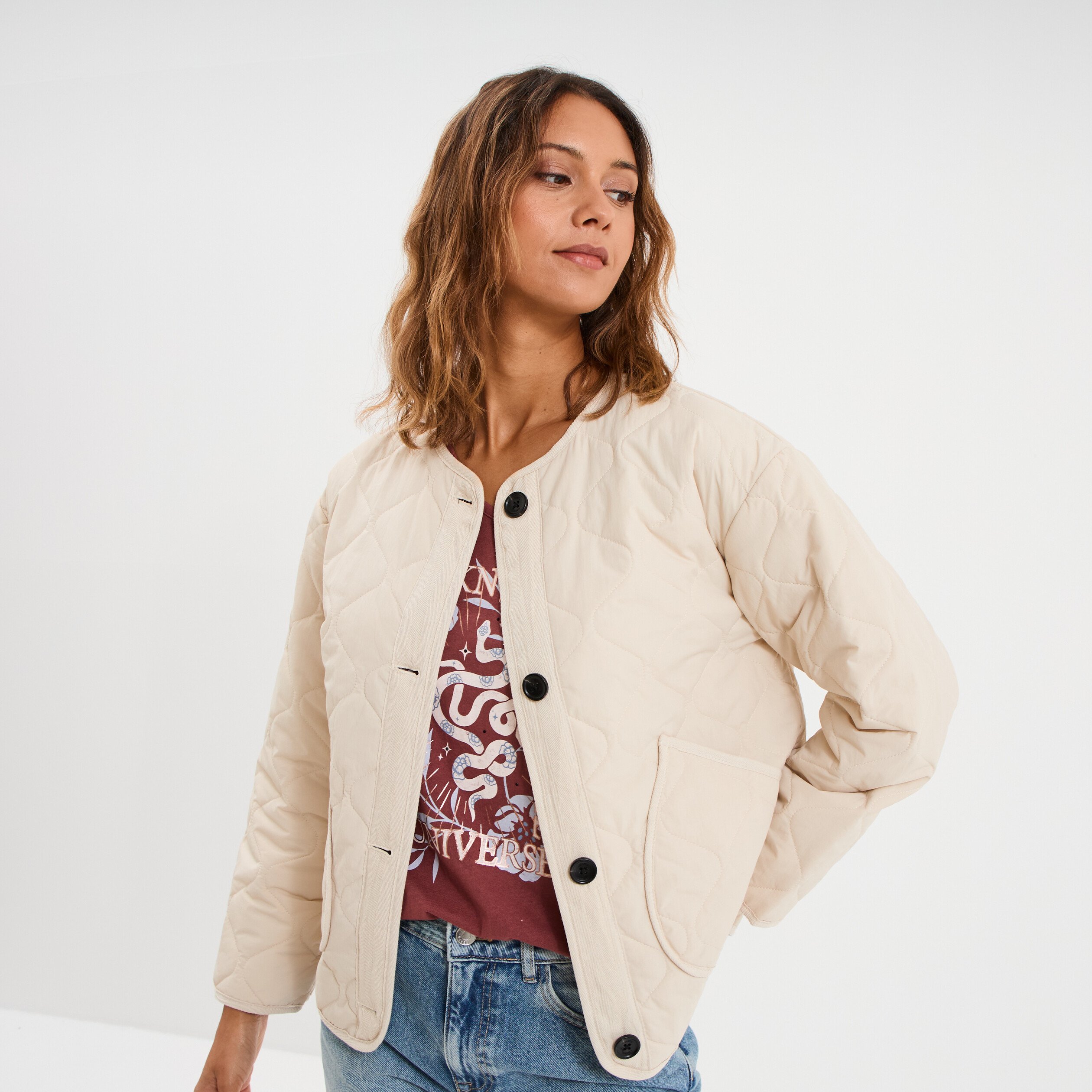 Veste matelassée boutonnée col rond sable femme | La Halle