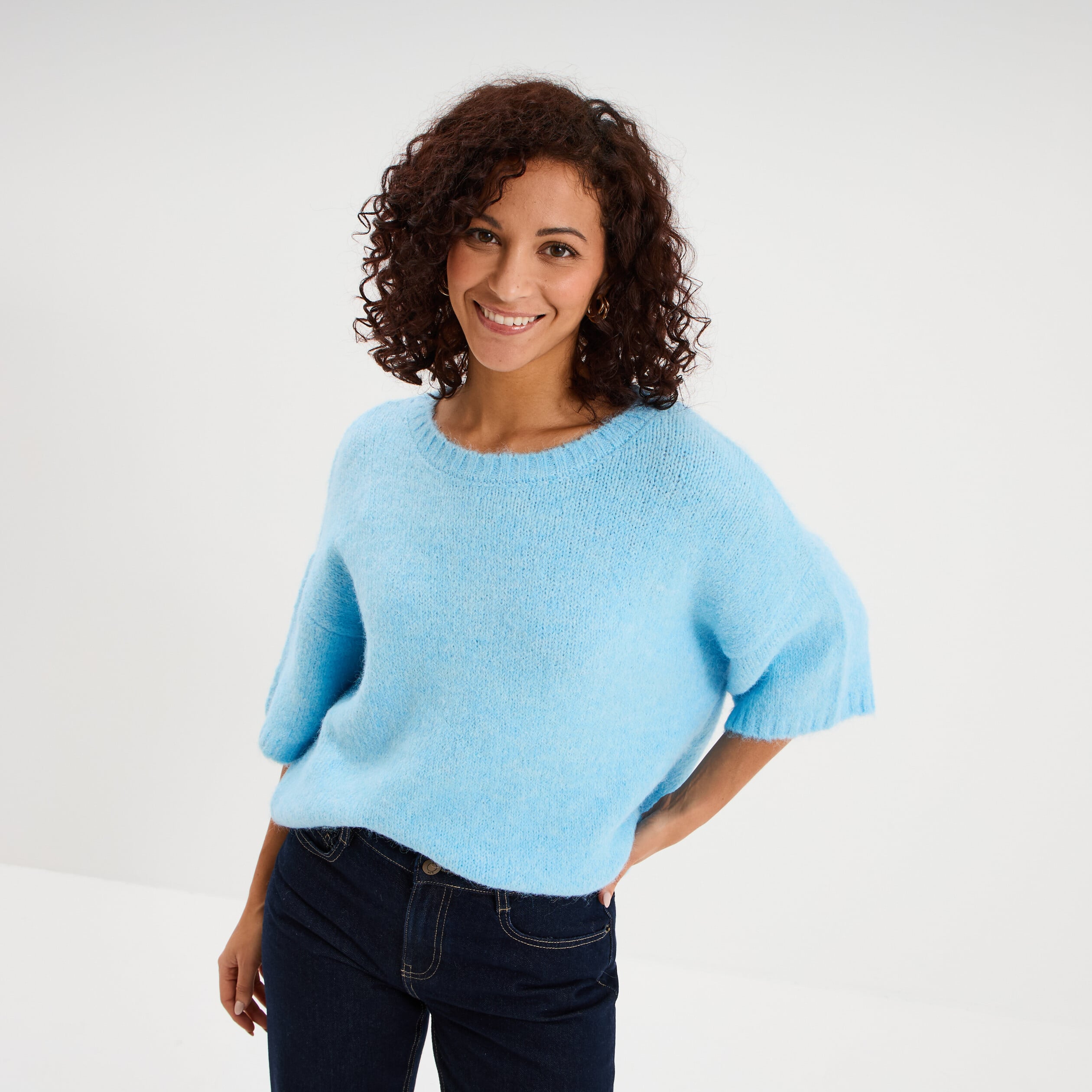 Pull col rond manches courtes bleu clair femme | La Halle