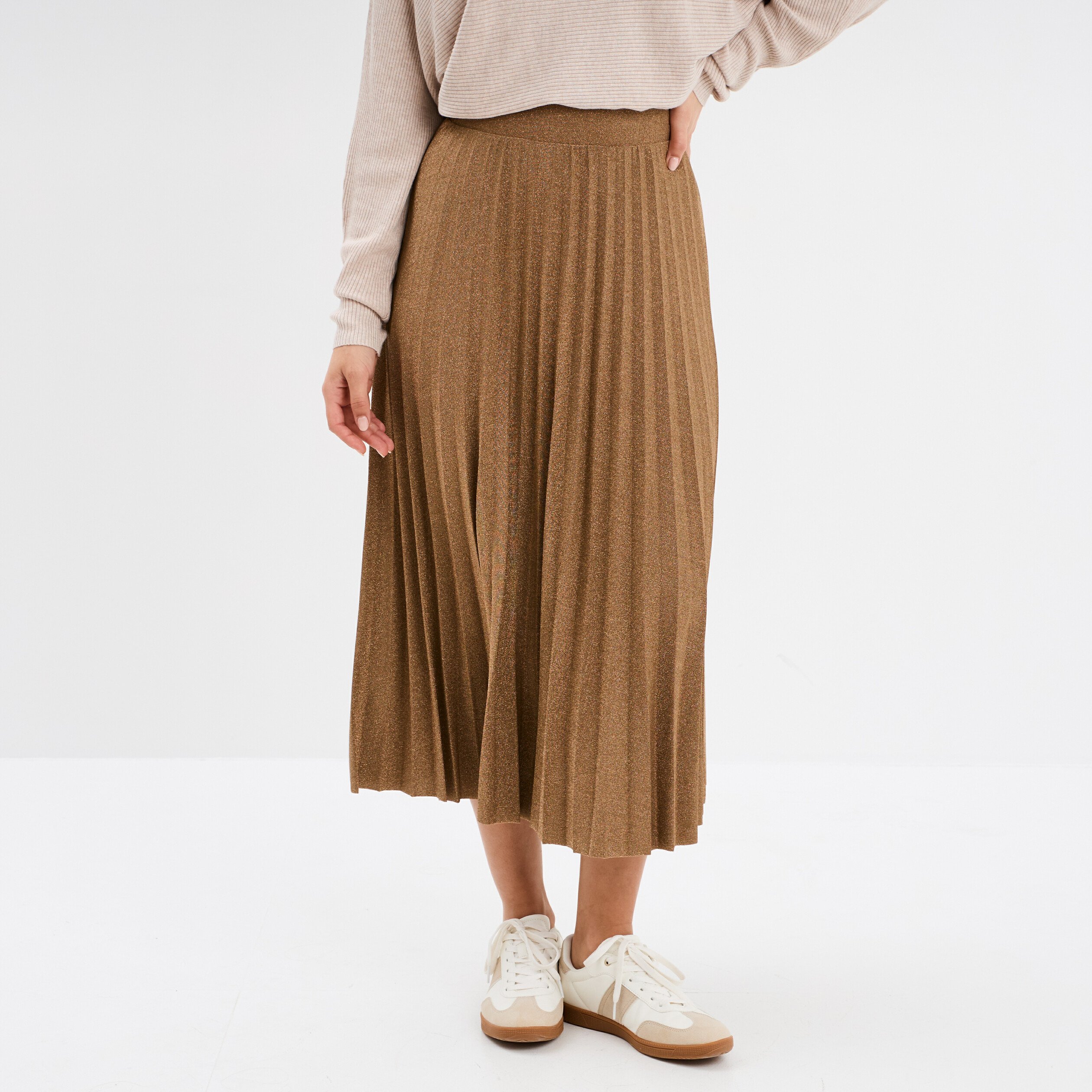 Jupe longue plissée en maille jaune or femme | La Halle