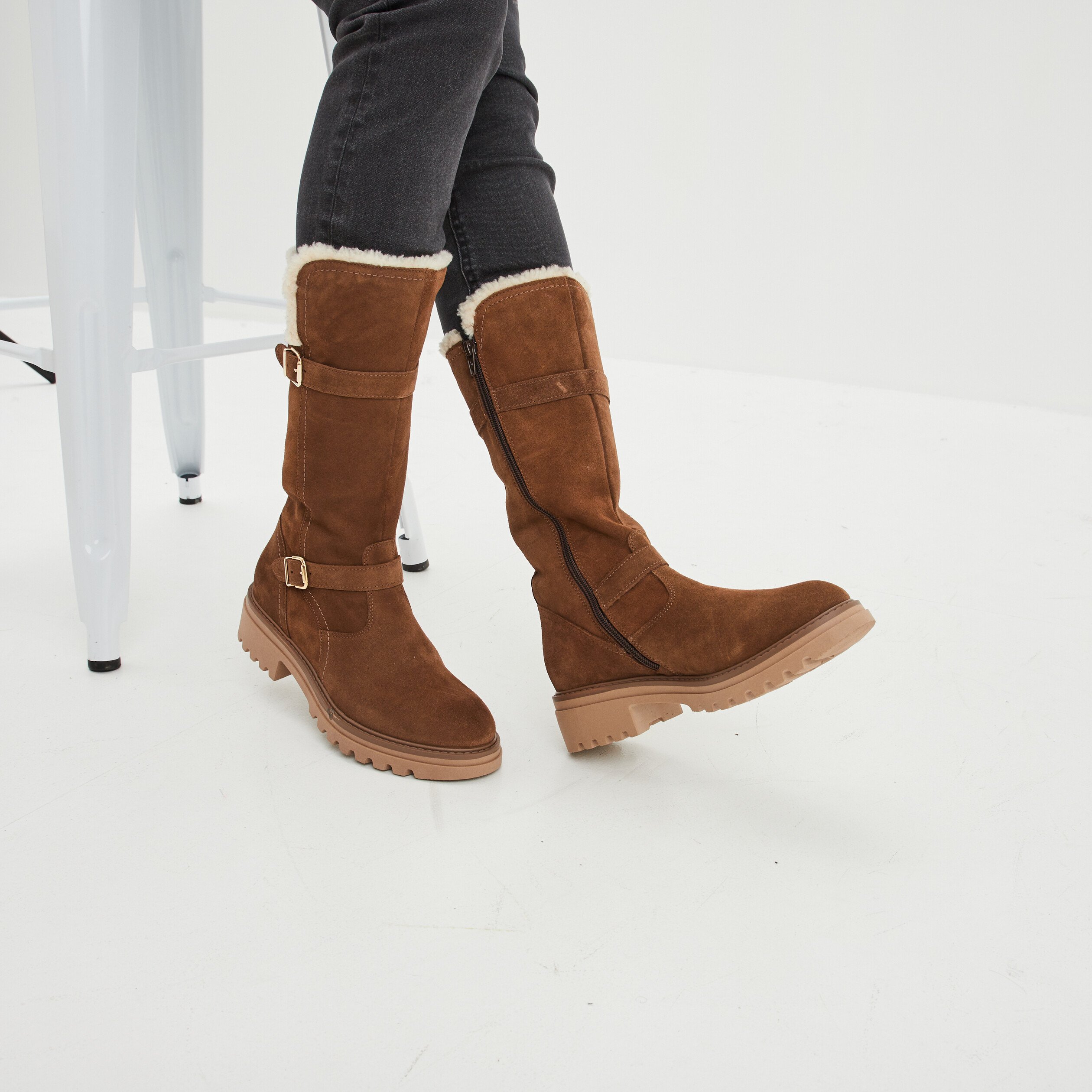 Bottes fourrées en cuir camel fille | La Halle