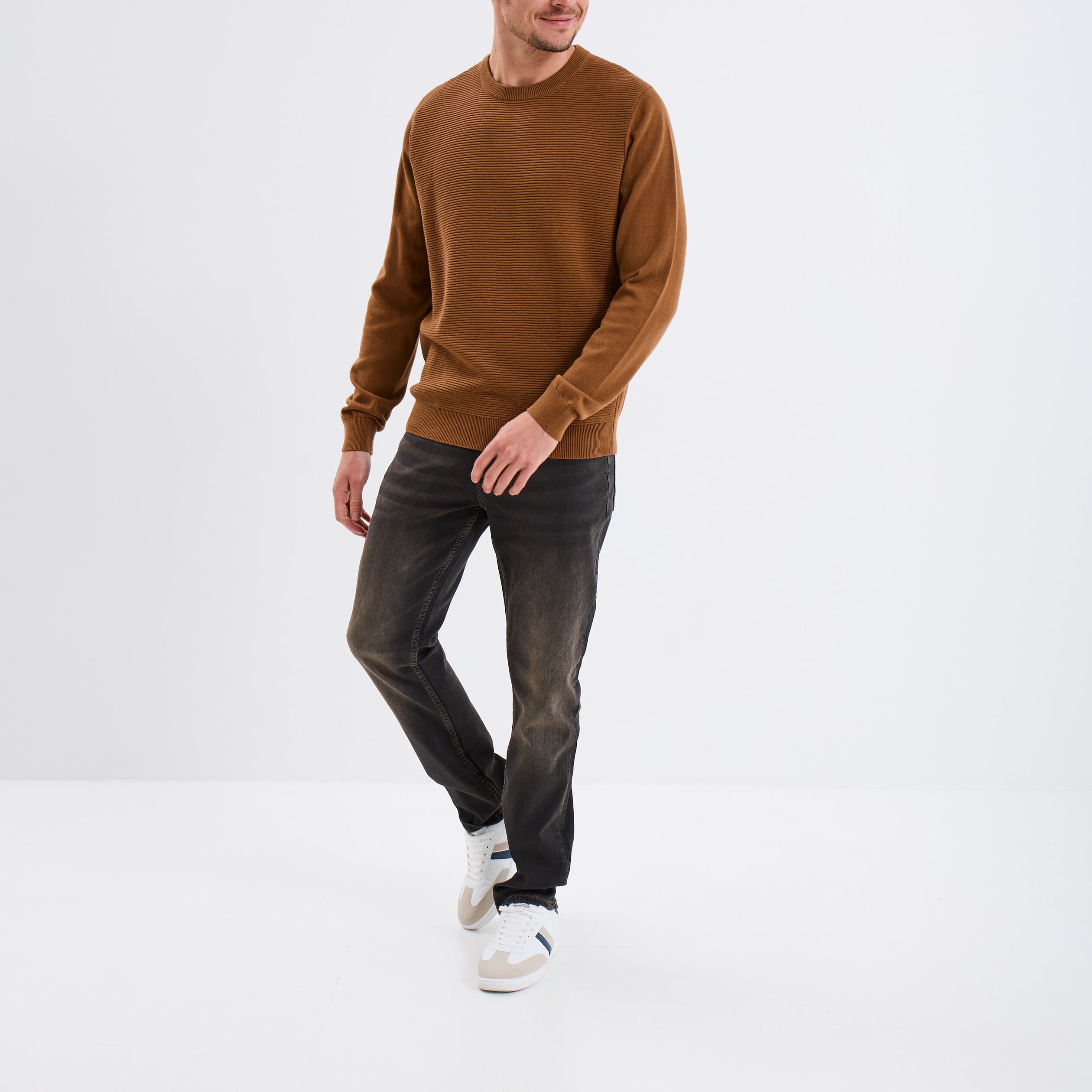 Pull col rond coton manches longues marron homme | La Halle