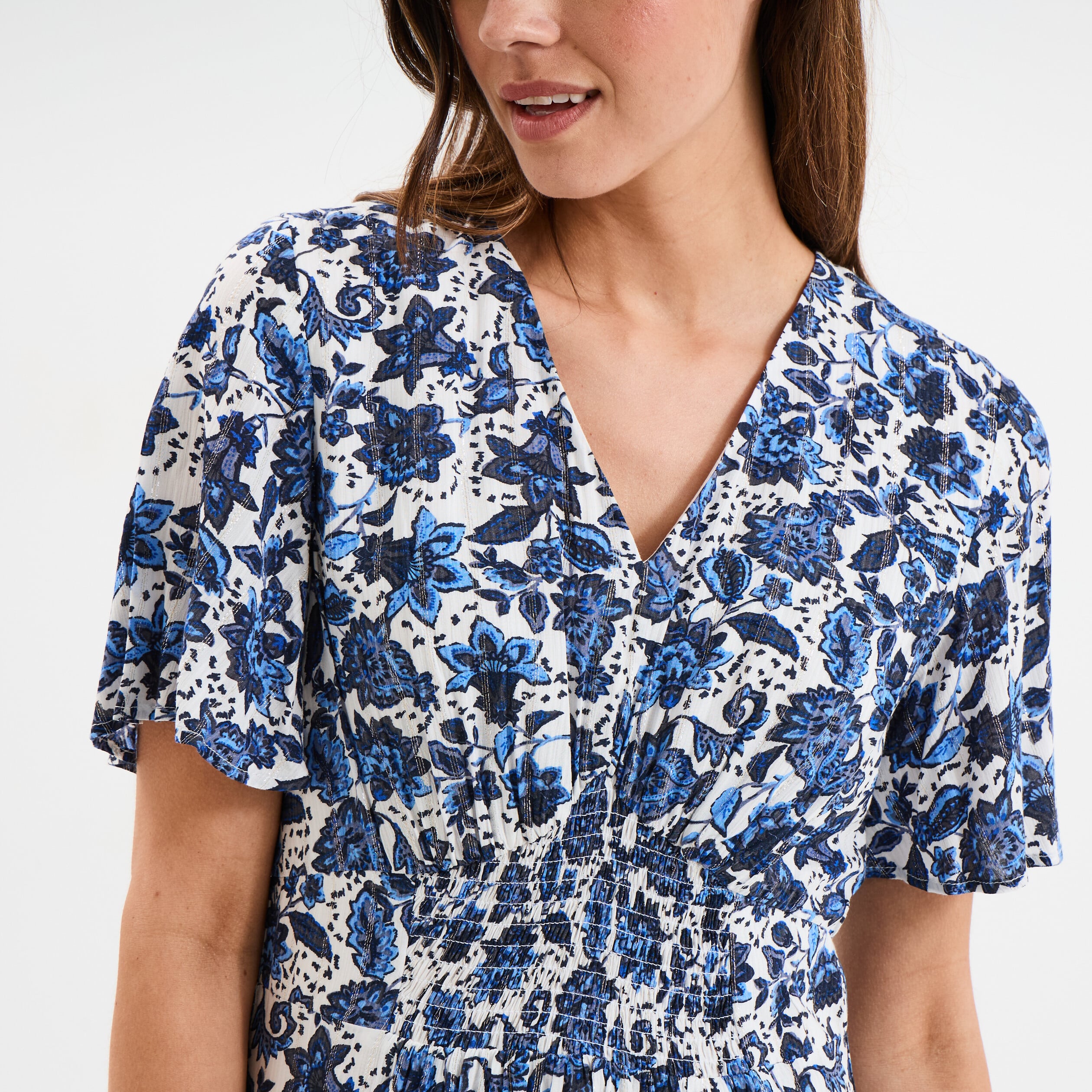 Robe longue empire taille smockée blanc femme | La Halle