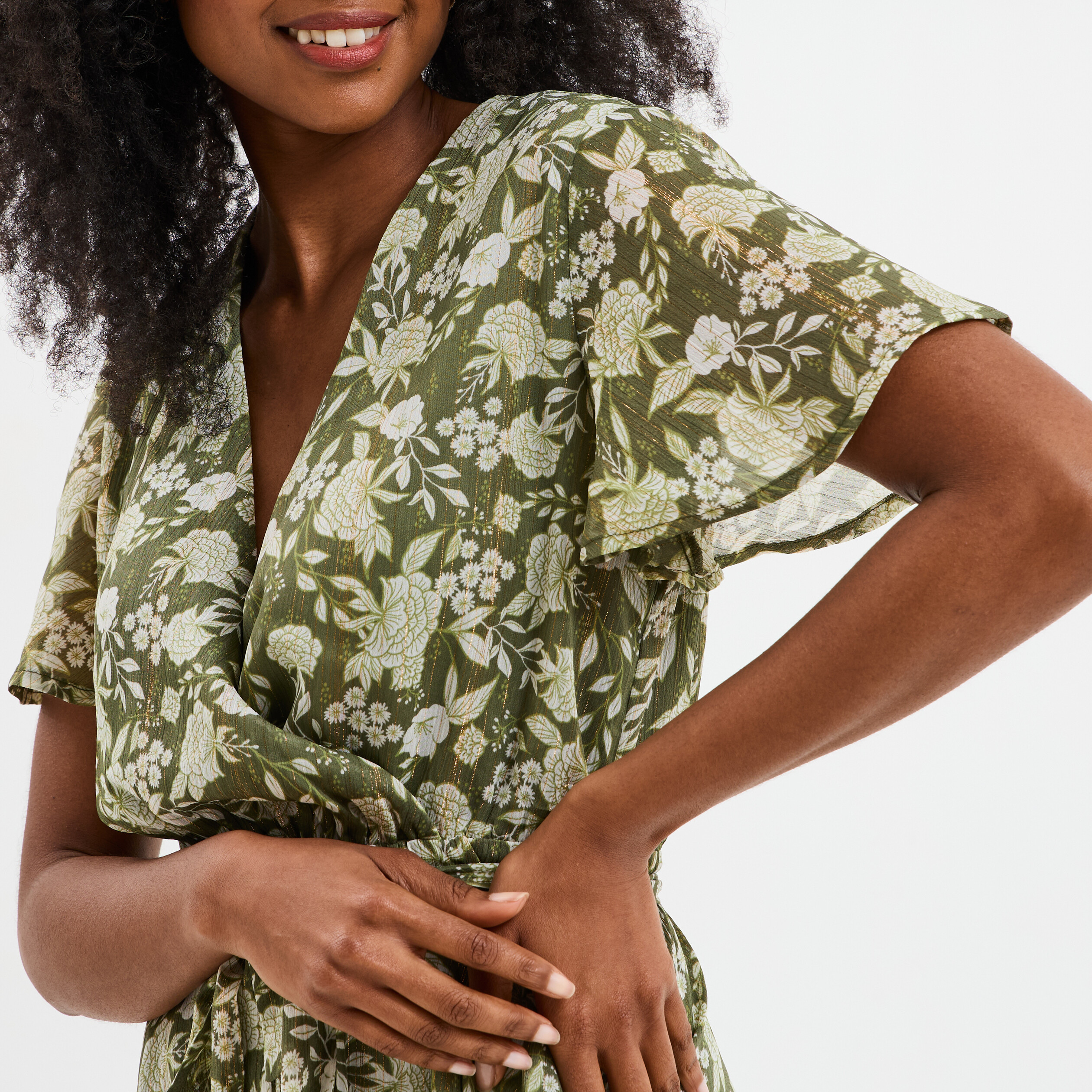 Robe longue évasée col cache-coeur vert kaki femme | La Halle