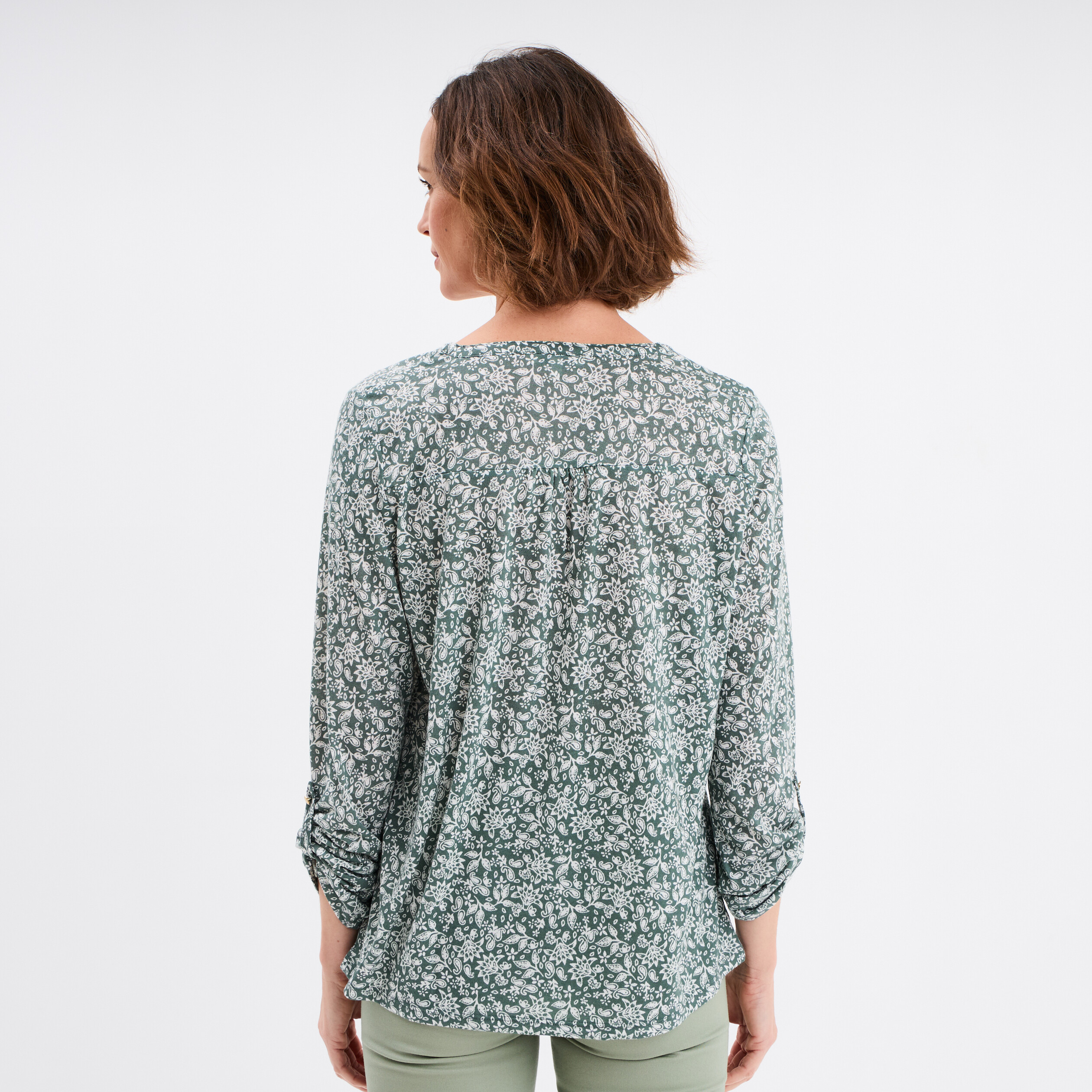 T-shirt col mao manches retroussables vert foncé femme | La Halle