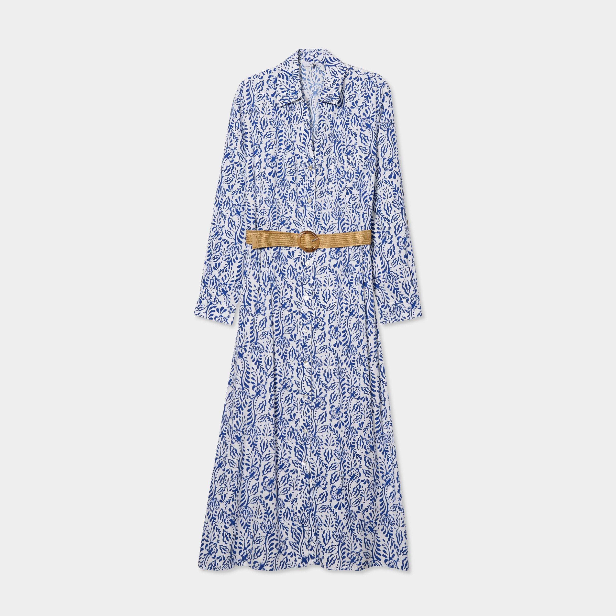 Robe chemise longue avec ceinture bleu marine femme | La Halle