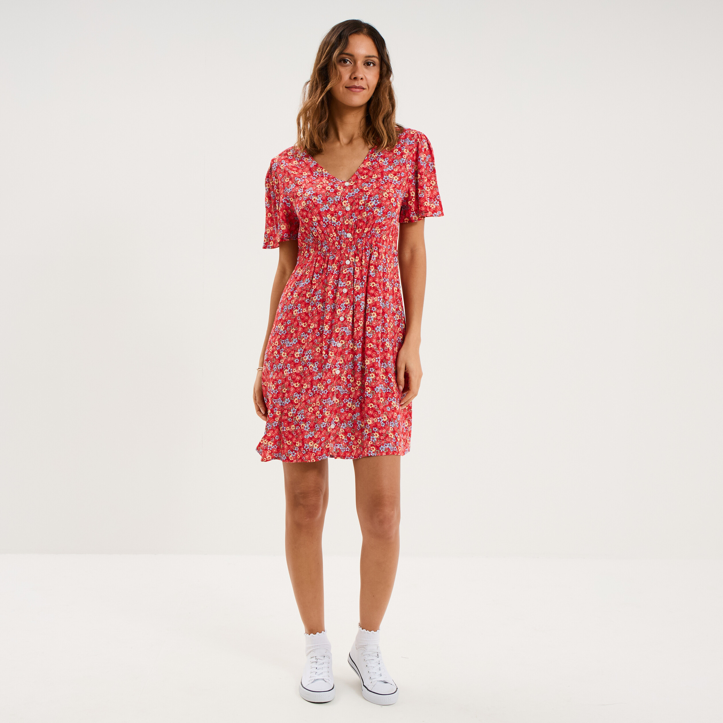 Robe Fluide Manches Courtes Col En V Rouge Coquelicot Femme La Halle