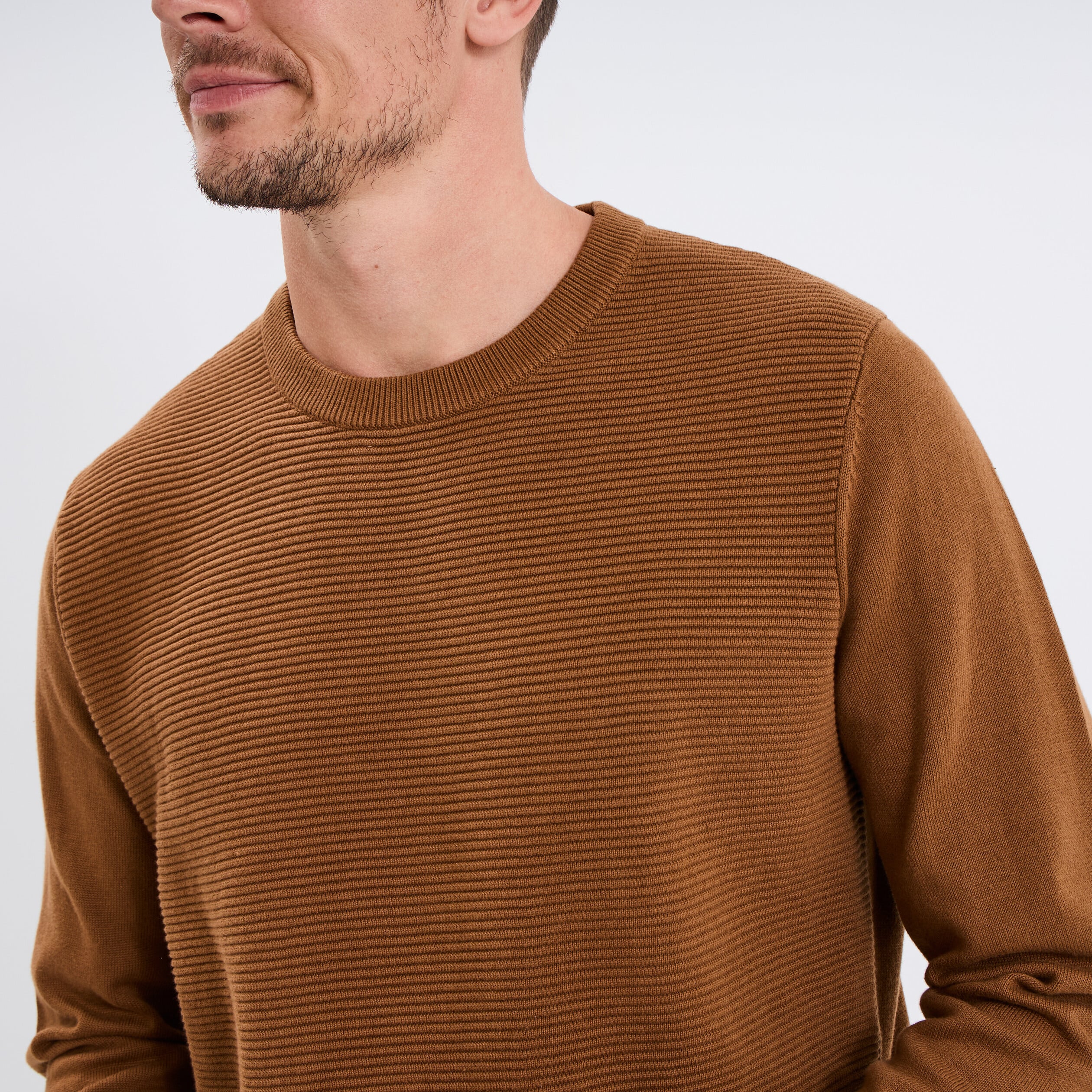 Pull col rond coton manches longues marron homme | La Halle