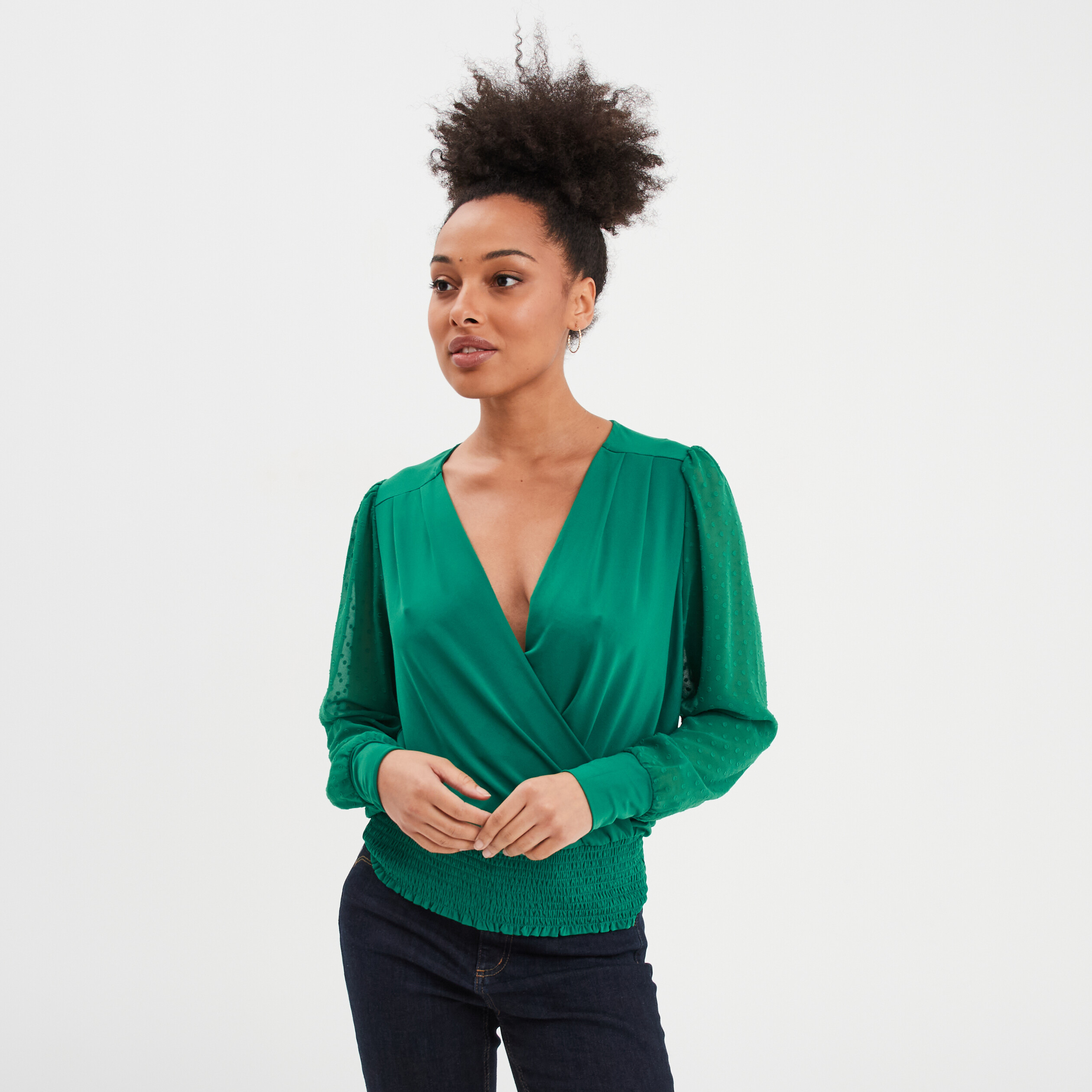 T-shirt col cache-coeur bi-matière vert femme | La Halle