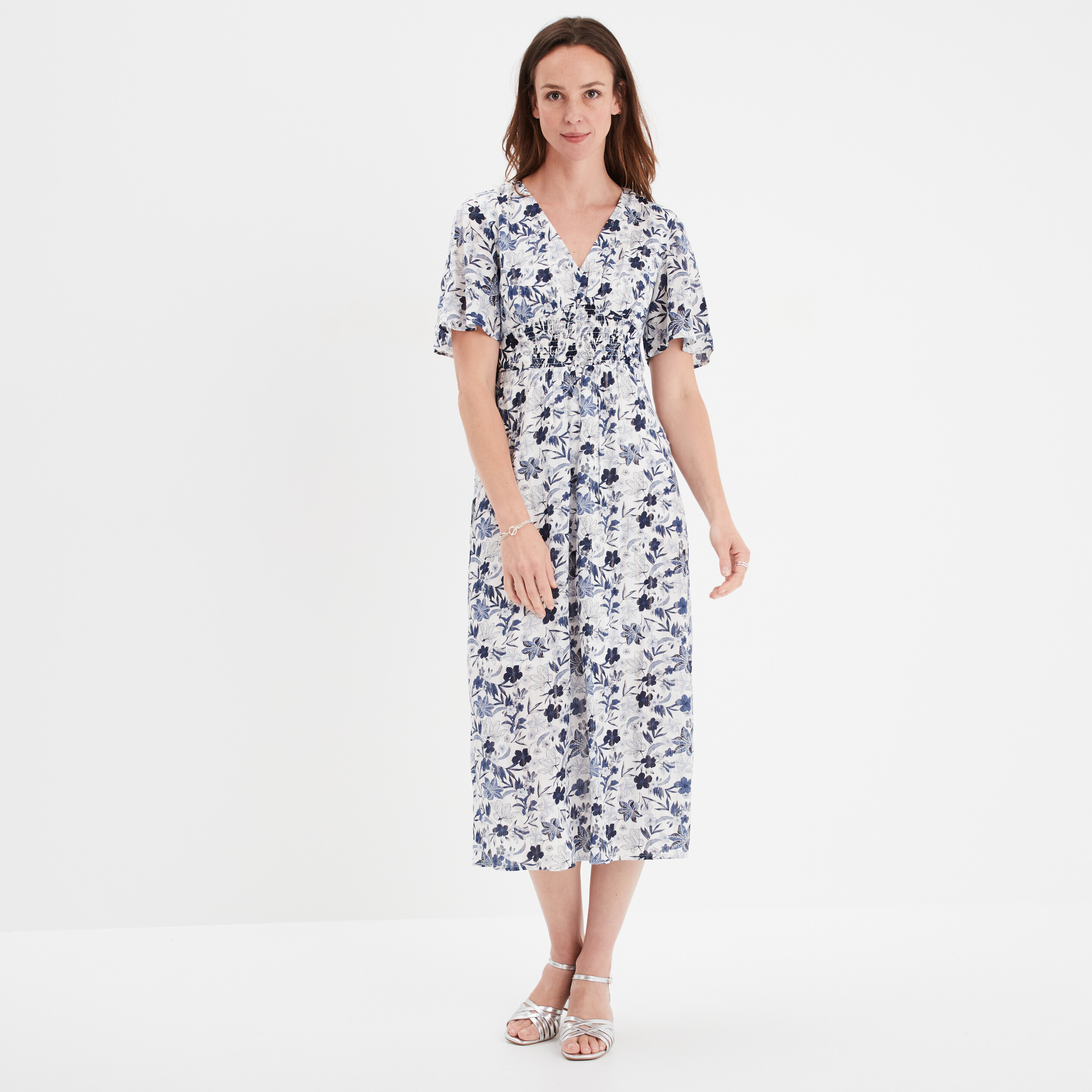 Robe longue empire taille smockée ecru femme | La Halle