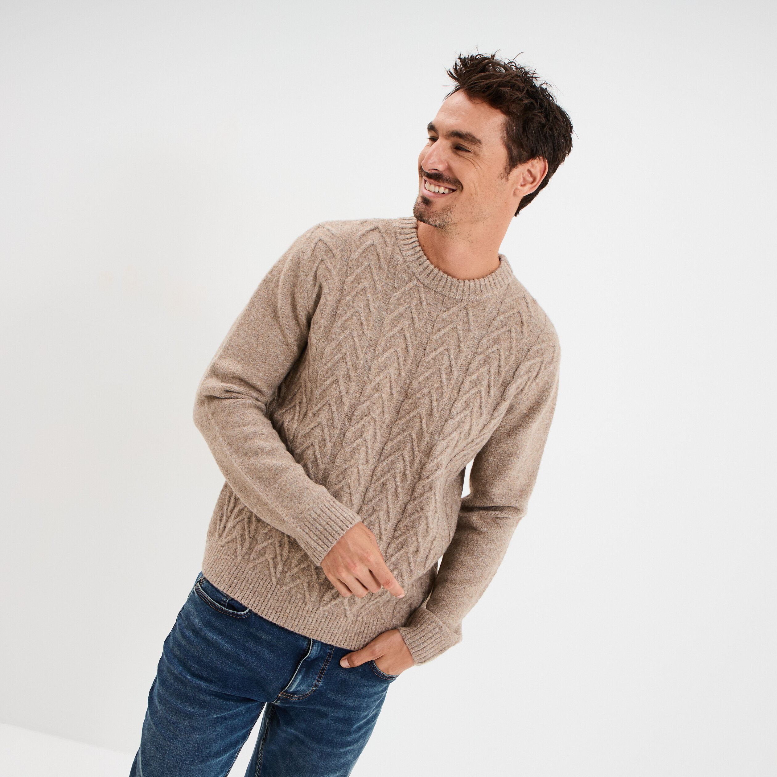 Pull col rond manches longues beige homme | La Halle