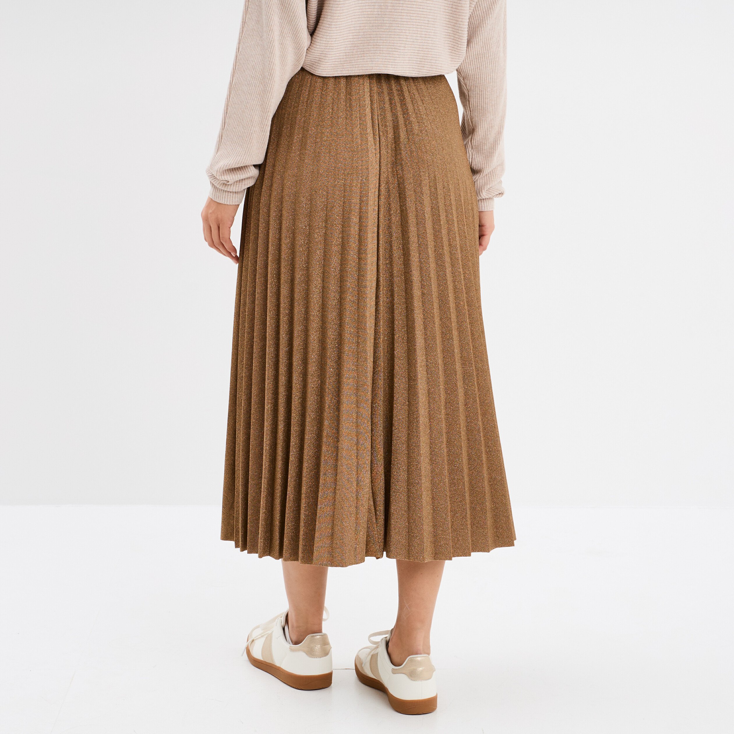 Jupe longue plissée en maille jaune or femme | La Halle