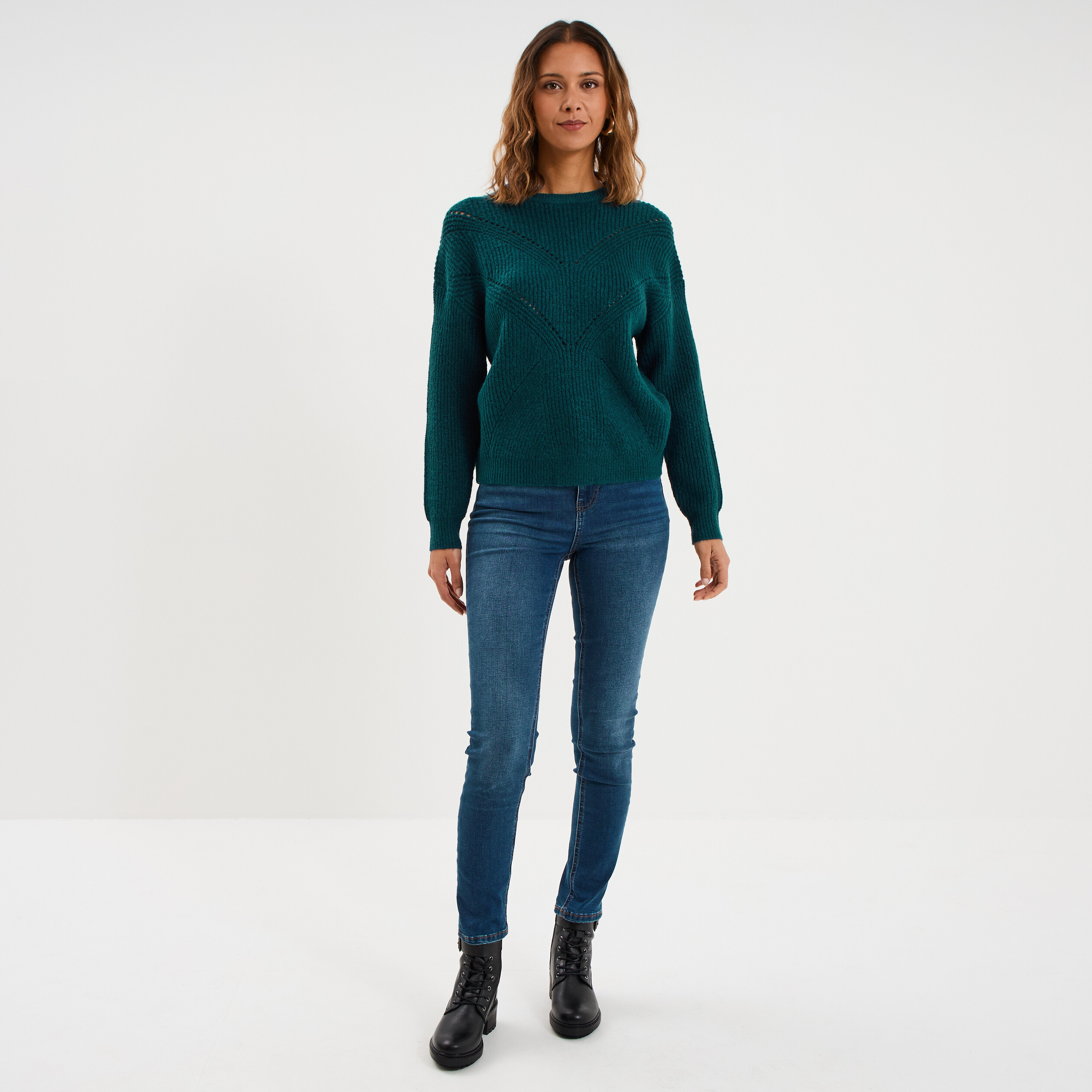 Pull col rond aspect laineux bleu canard femme | La Halle