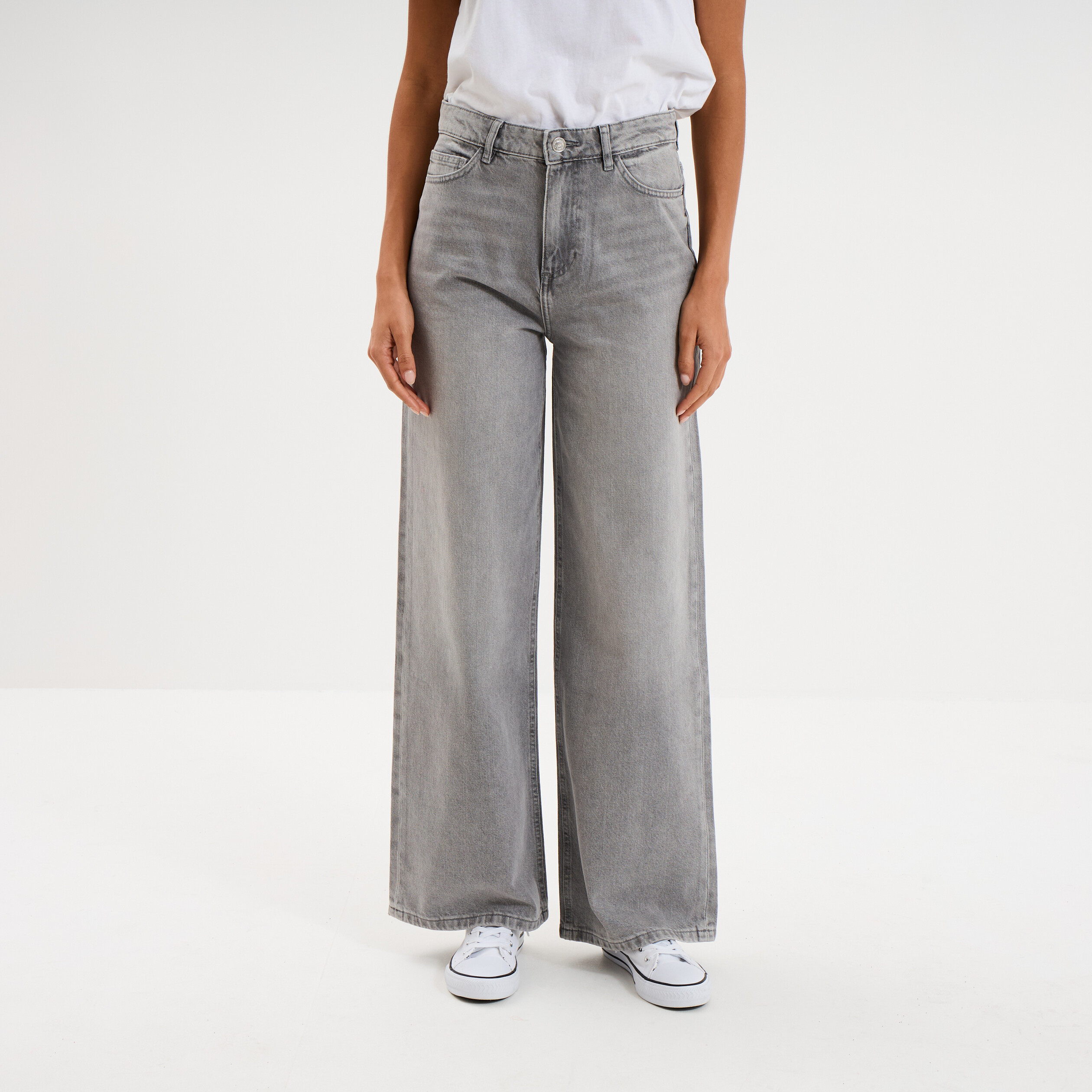 Jean large taille haute coton denim gris femme | La Halle