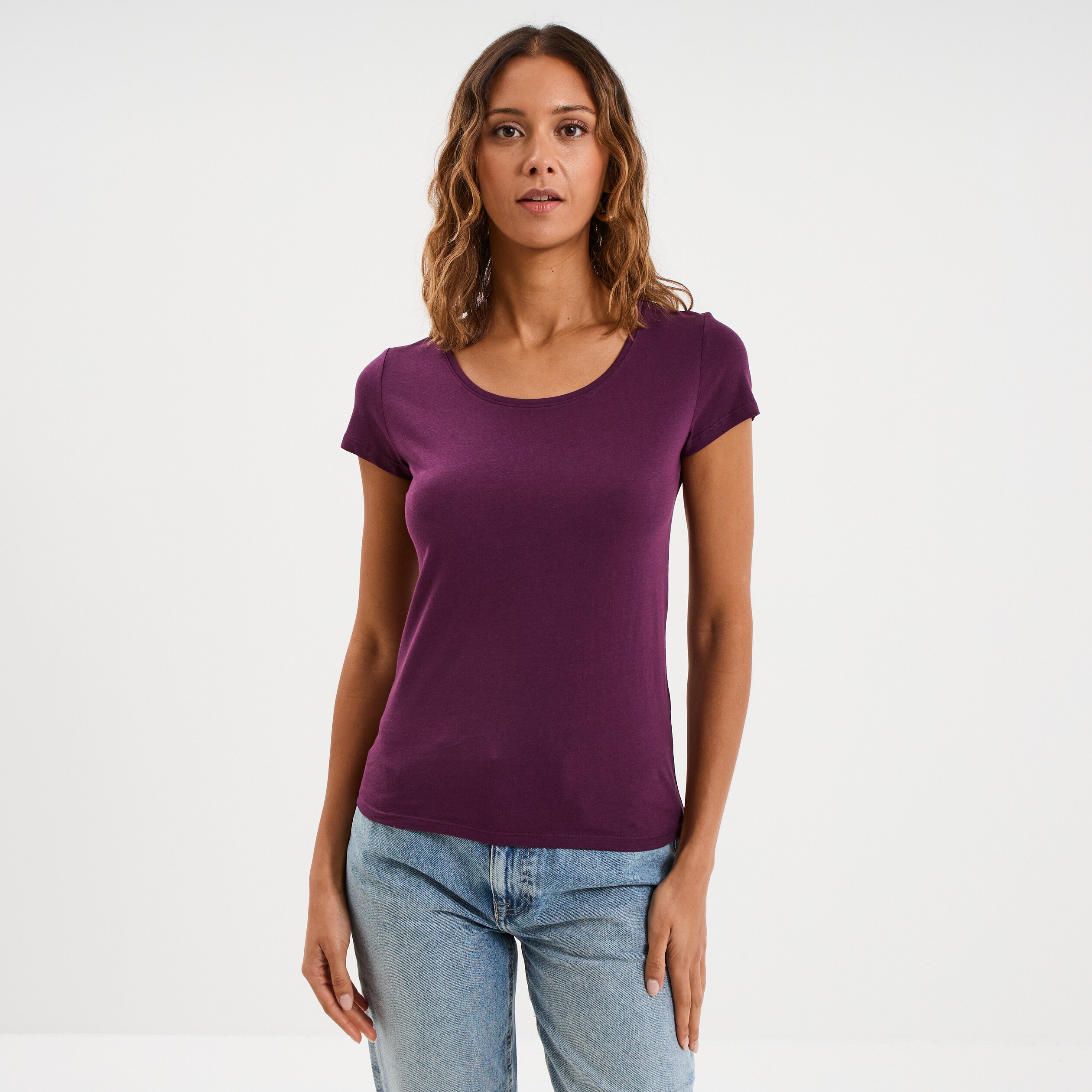 T-shirt coton col rond manches courtes prune femme | La Halle