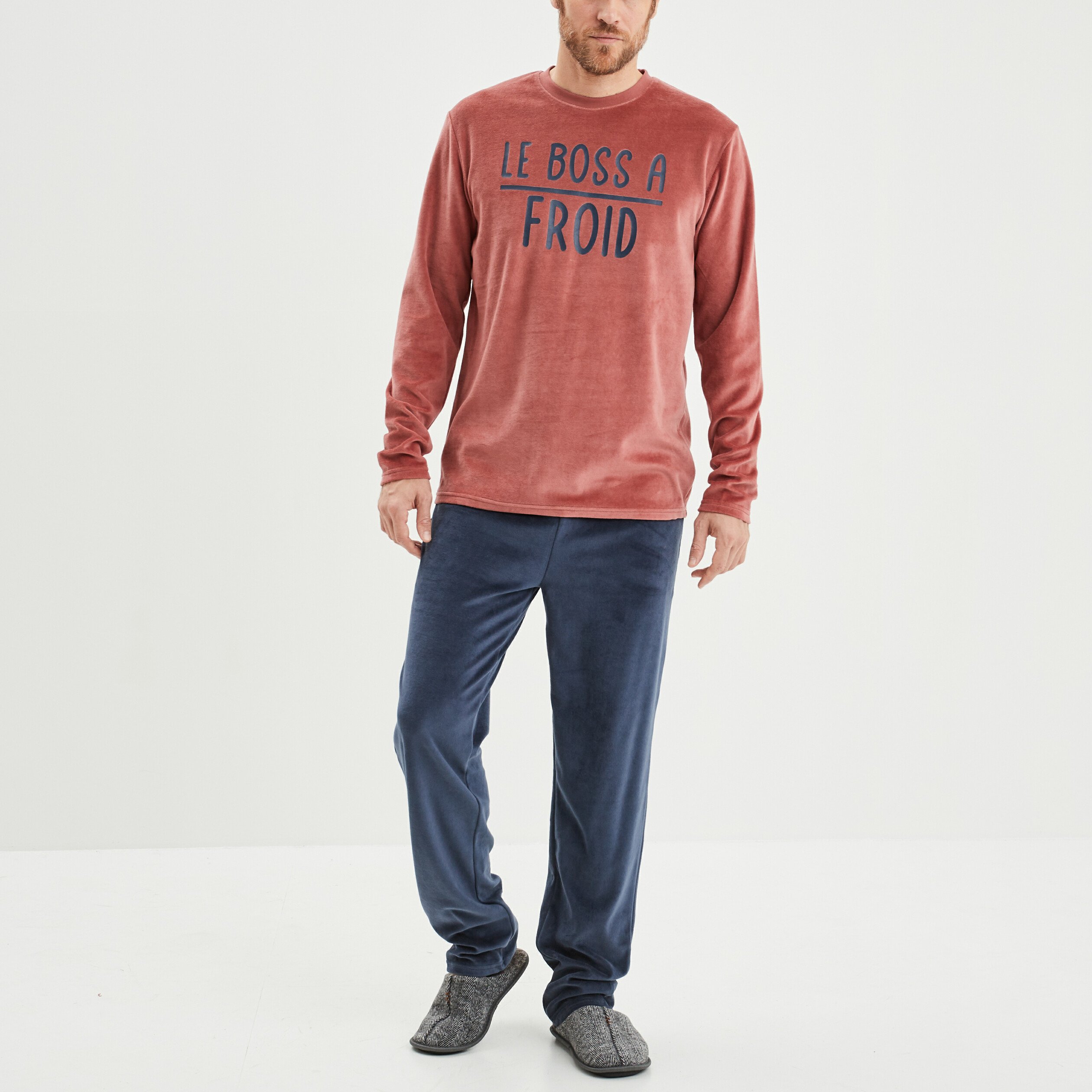 Ensemble pyjama pantalon effet velours rouge homme | La Halle