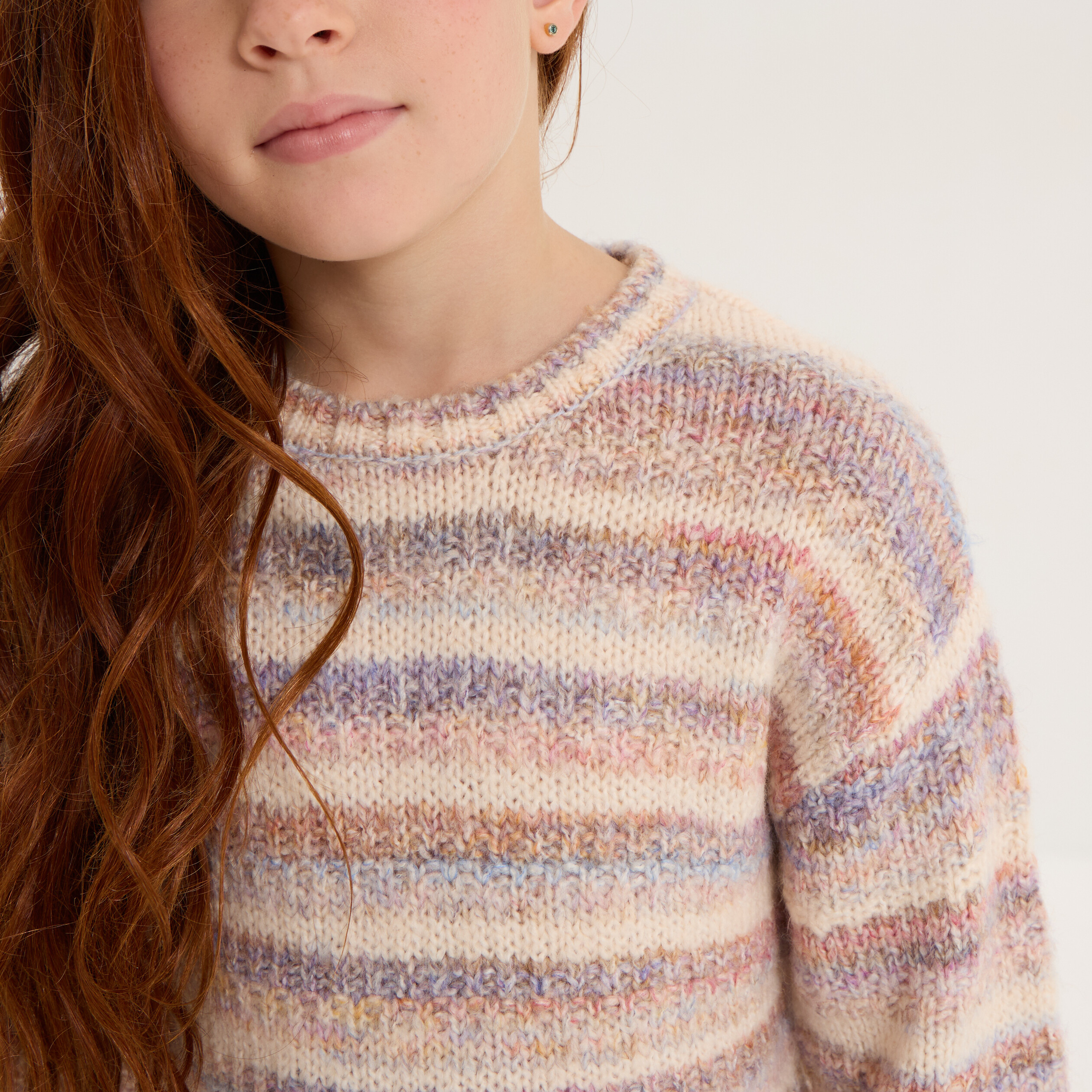 Pull col rond droit manches longues multicolore fille | La Halle