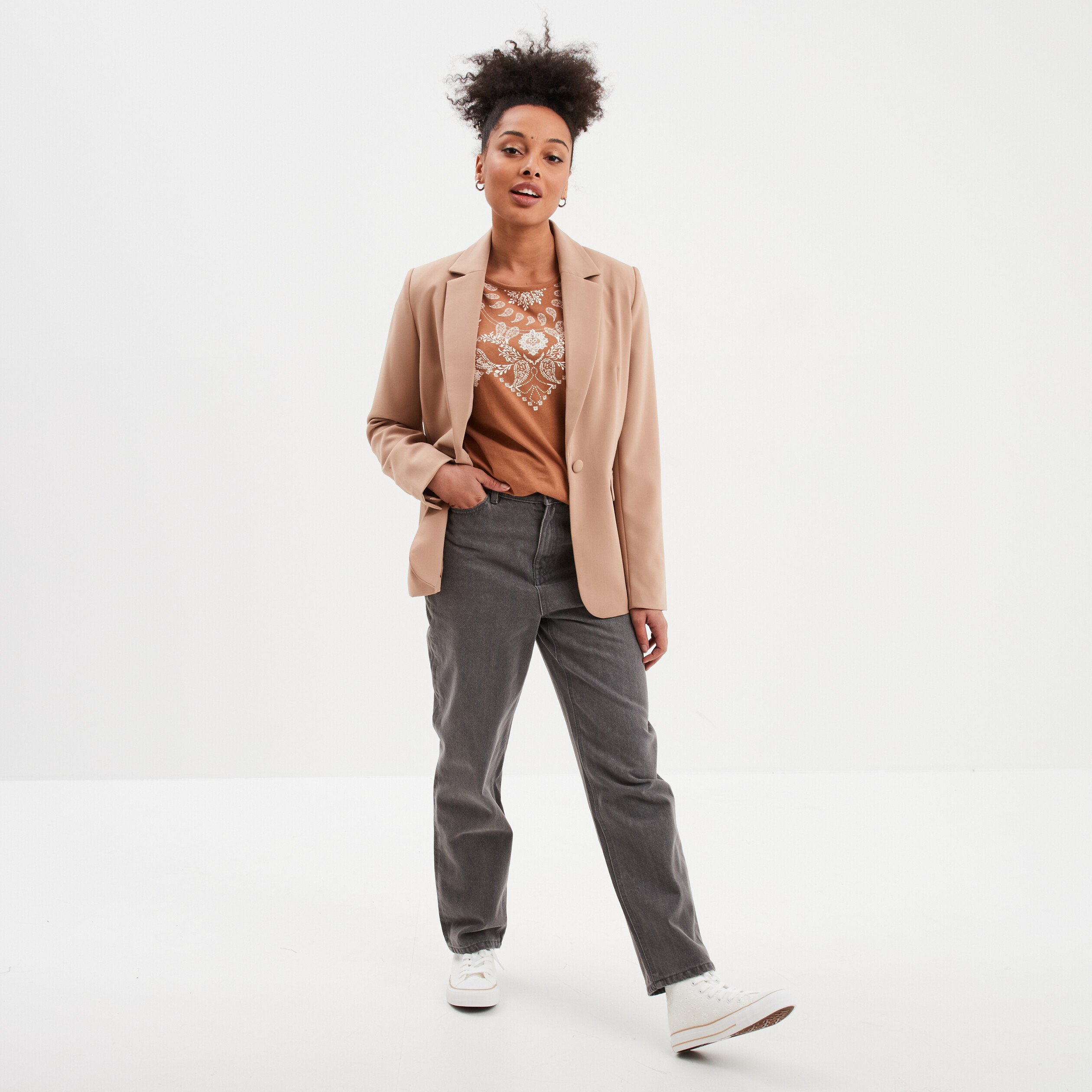 Jeans mom 7/8ème taille haute denim gris femme | La Halle