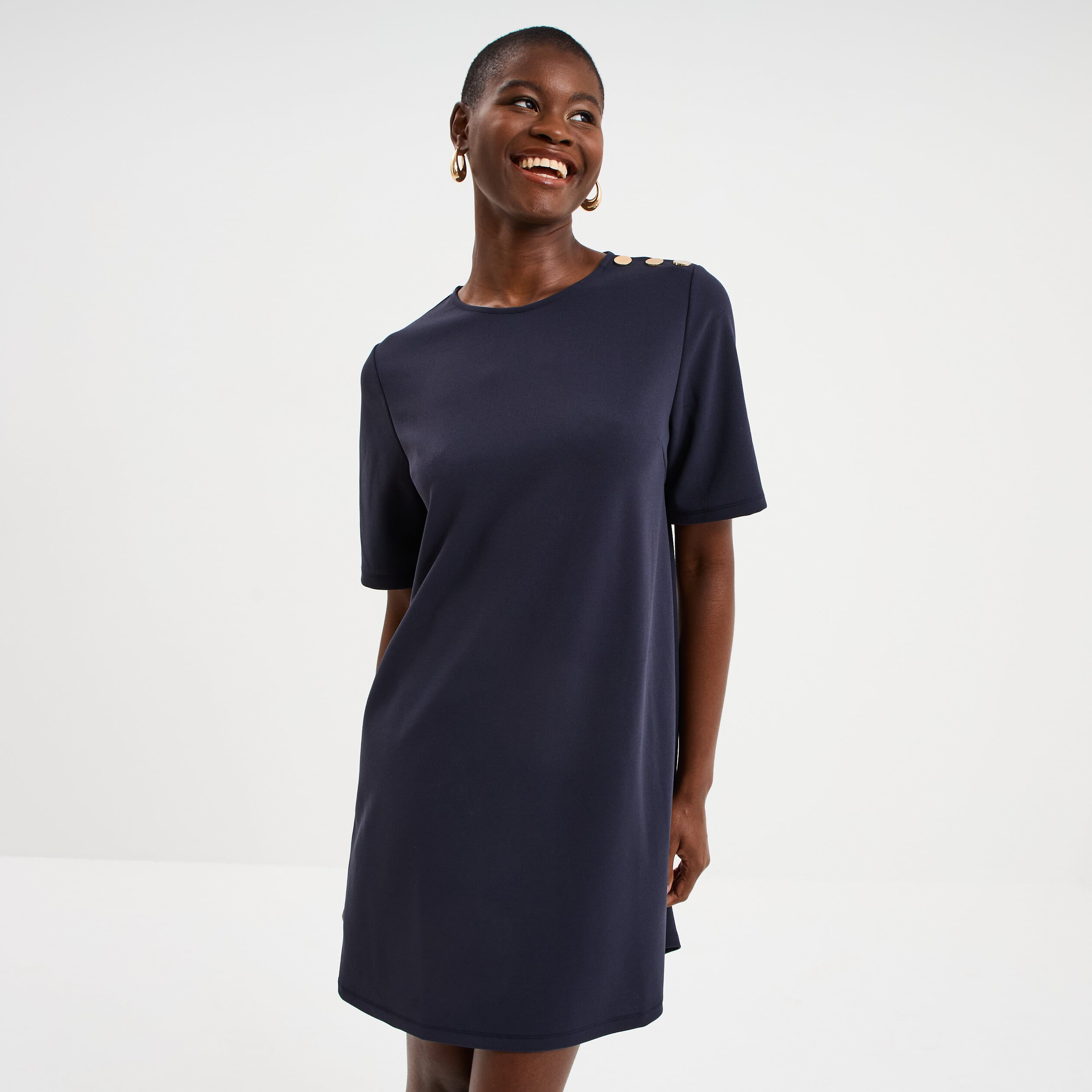 Robe droite crêpe manches courtes bleu foncé femme | La Halle