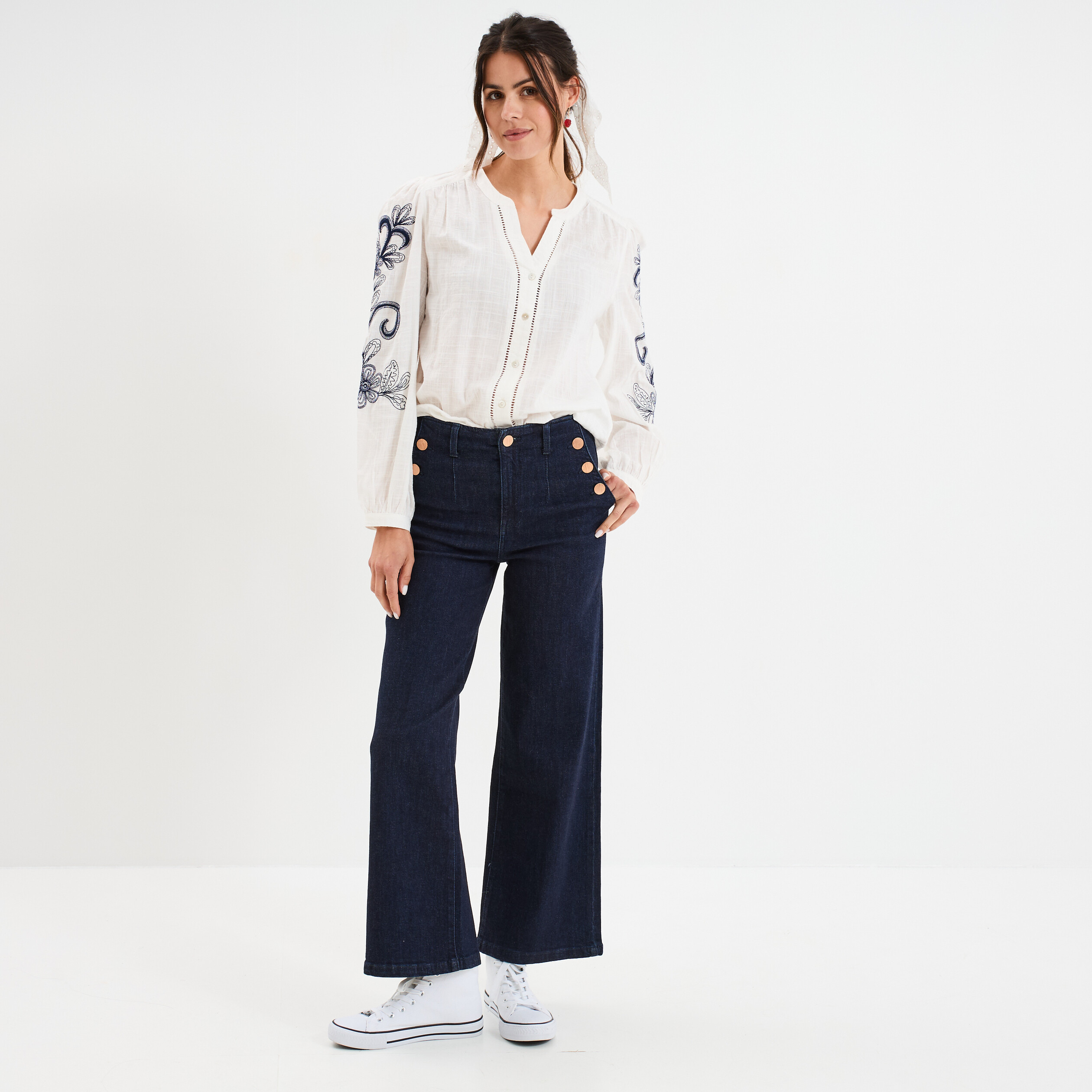 Jean flare cropped taille haute denim brut femme | La Halle