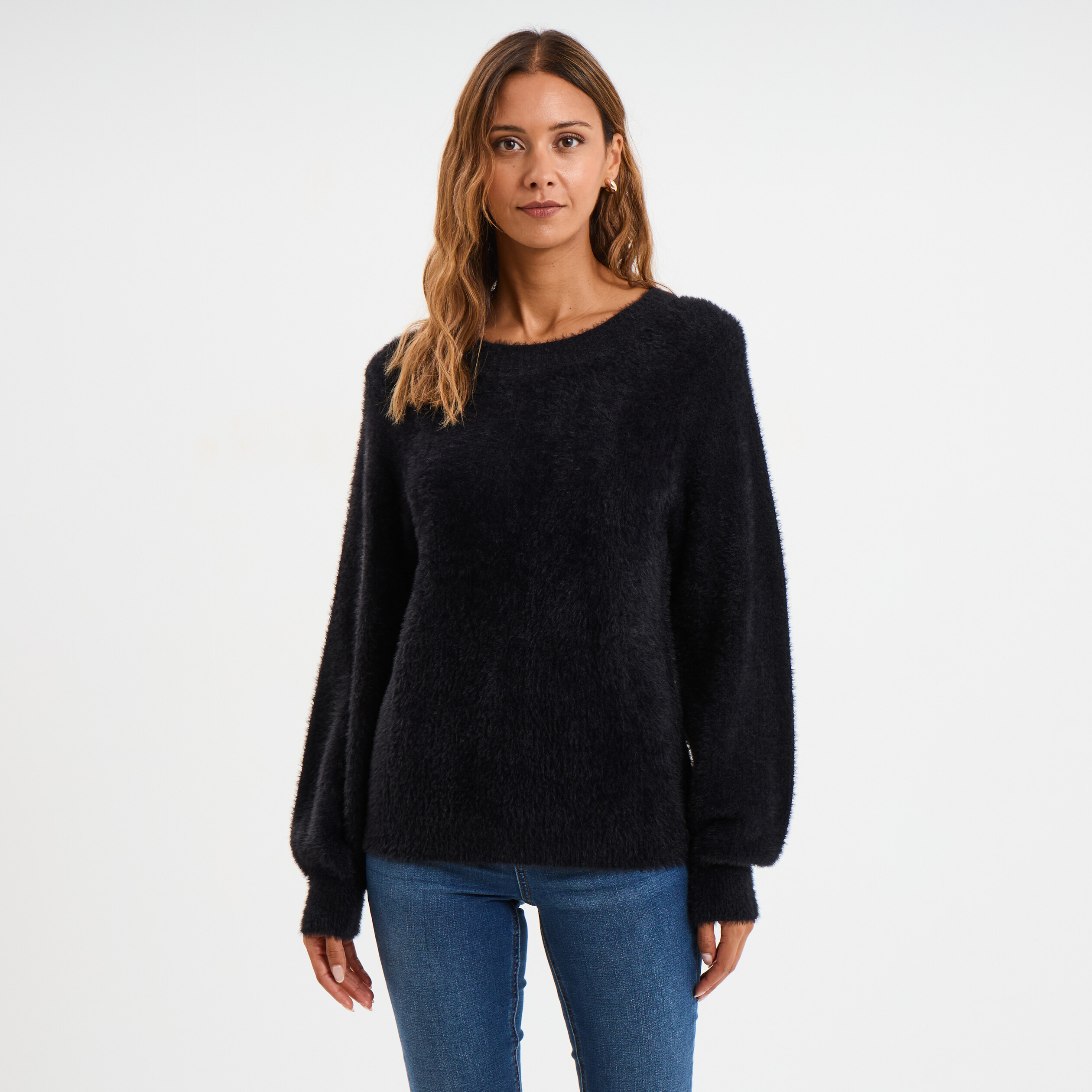 Pull doux col rond manches longues noir femme | La Halle