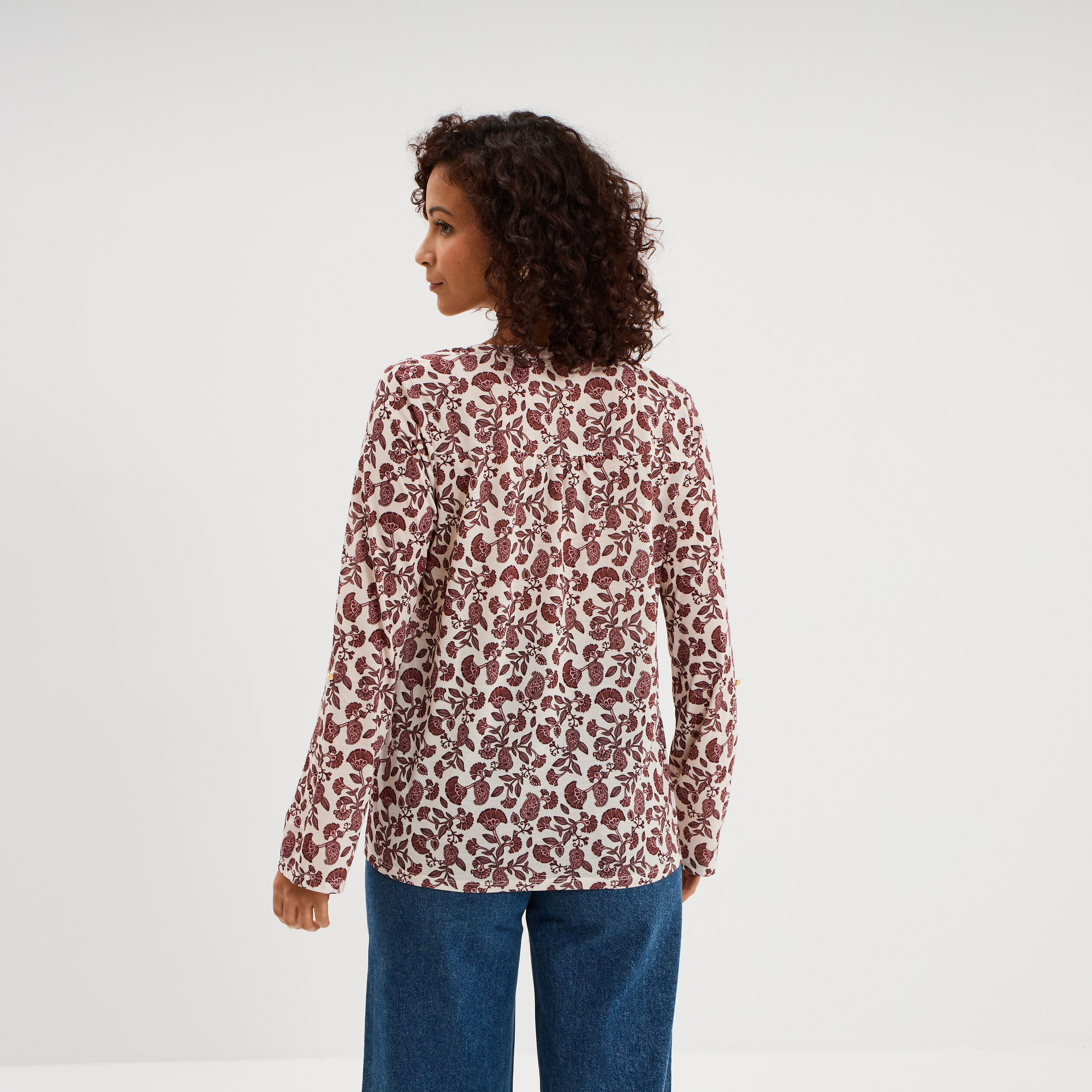 T-shirt col mao manches retroussables ecru femme | La Halle