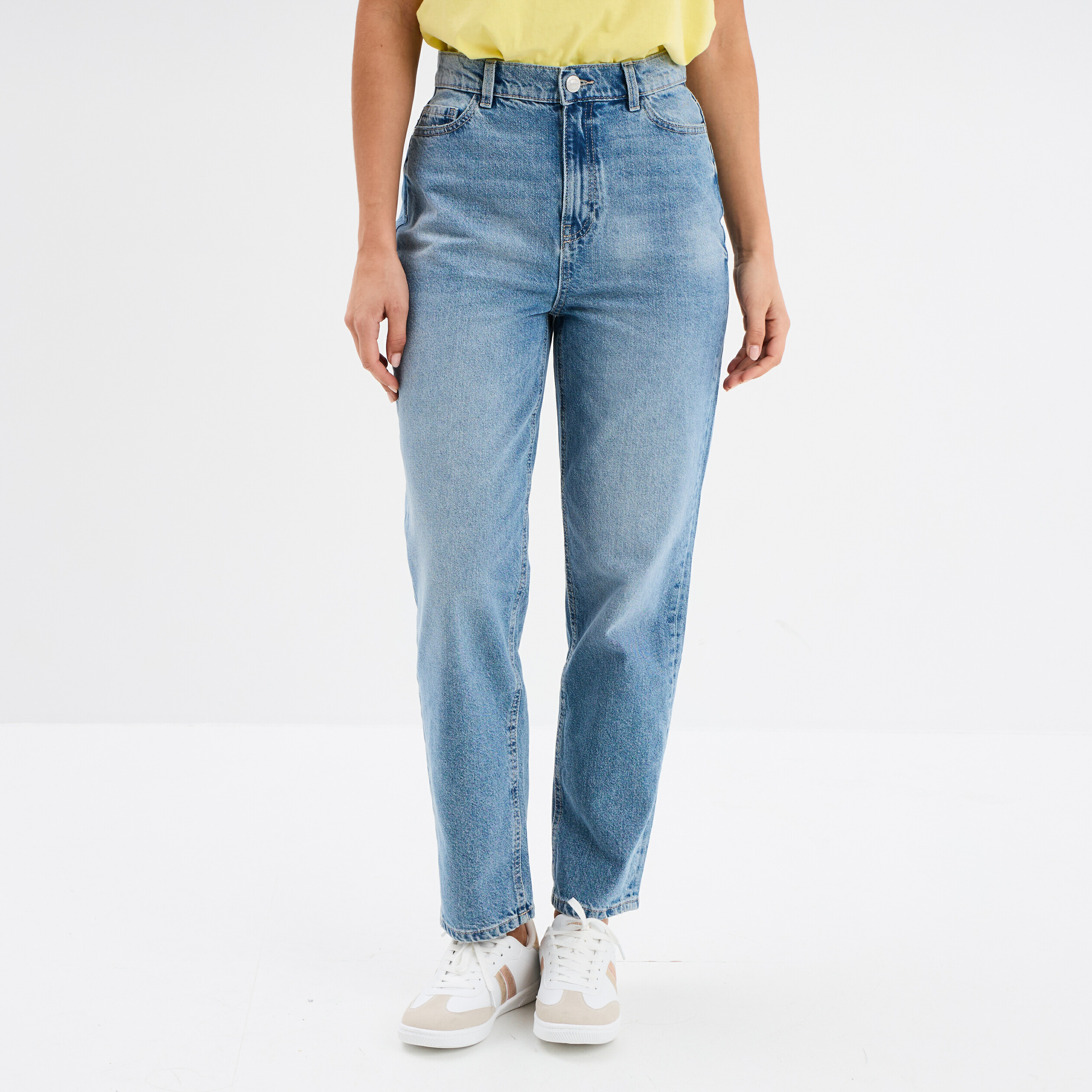 Jeans mom 7/8ème taille haute denim double stone femme | La Halle
