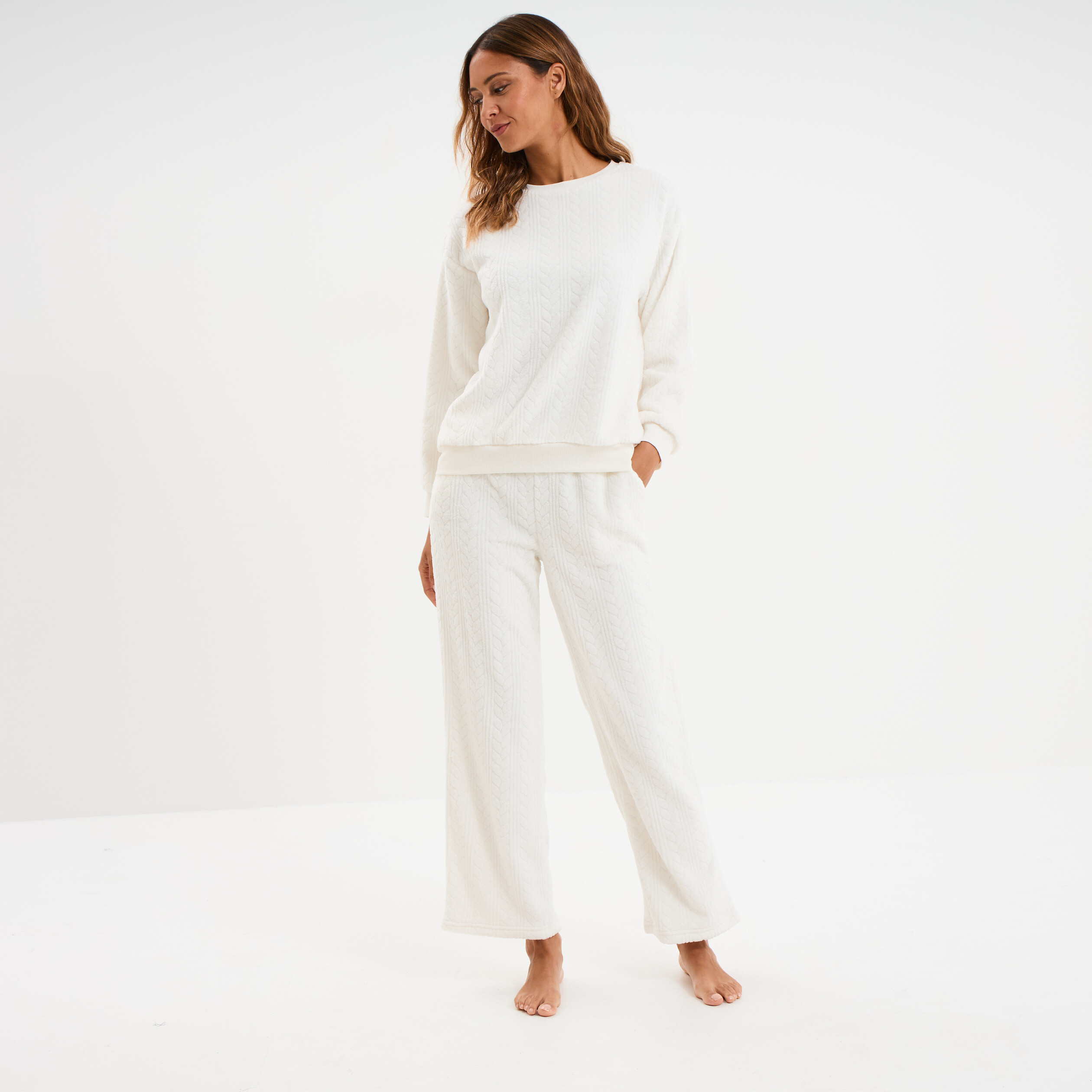 Haut de pyjama sweat polaire torsadé blanc femme | La Halle