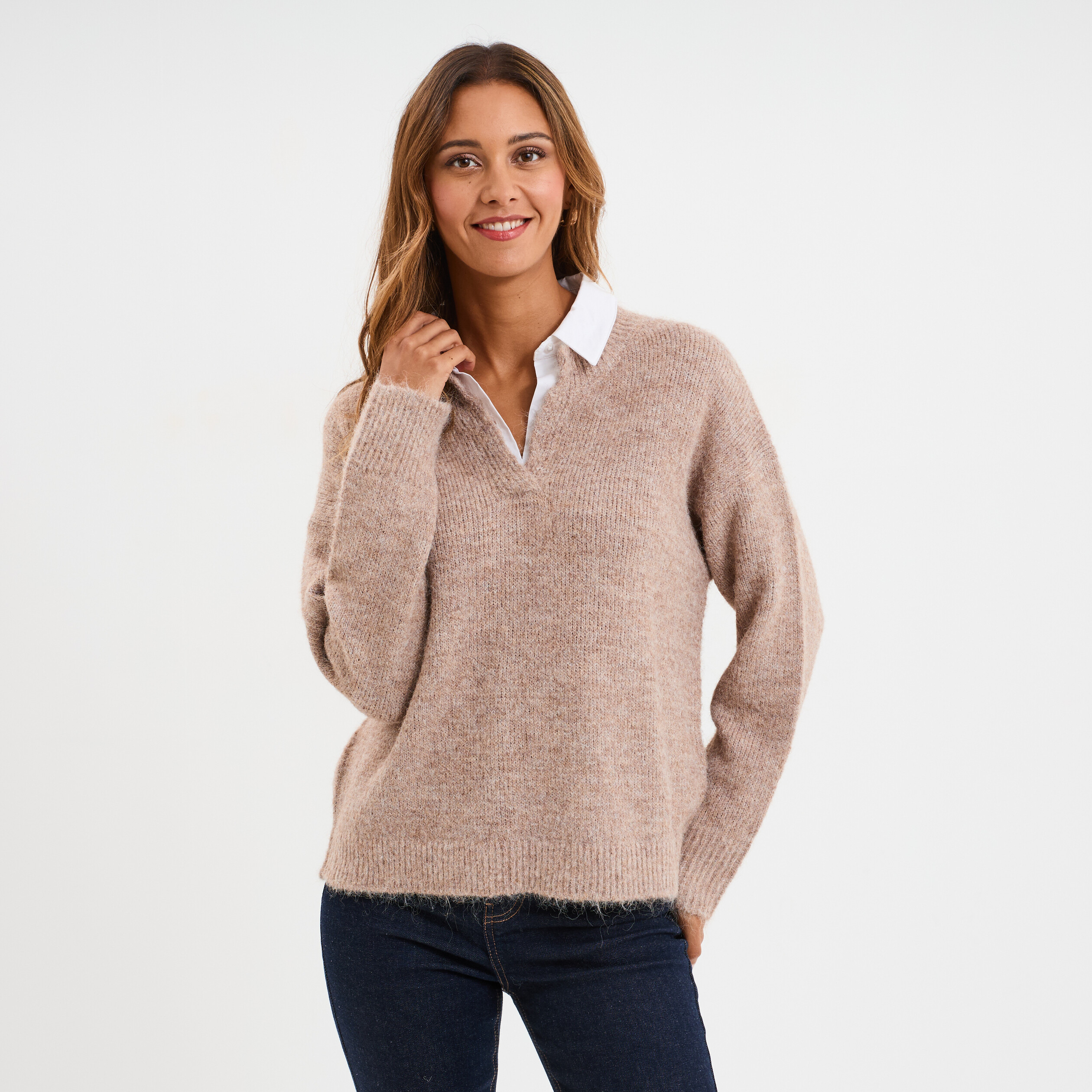 Pull 2-en-1 col chemise manches longues beige femme | La Halle