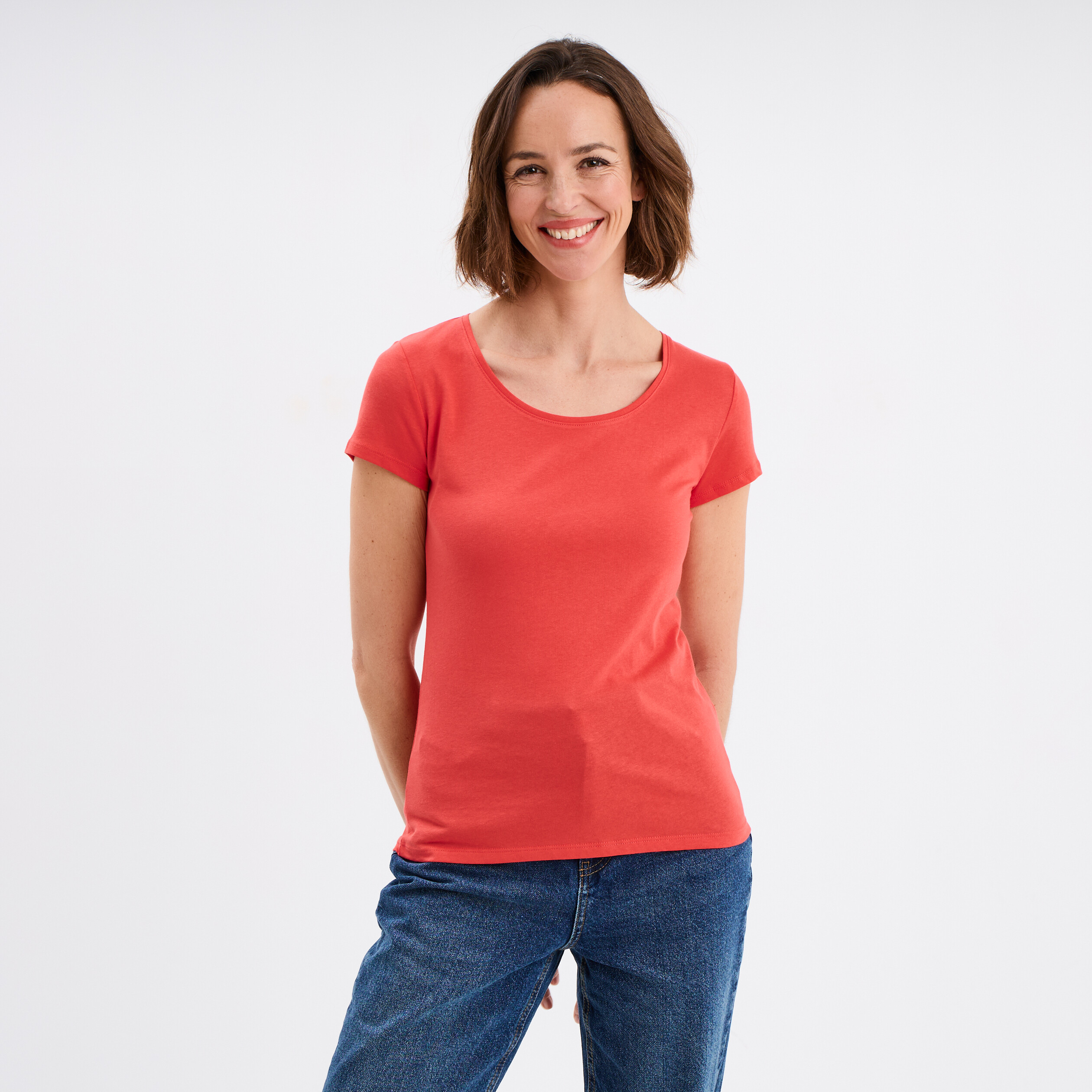 T-shirt coton col rond manches courtes rouge femme | La Halle