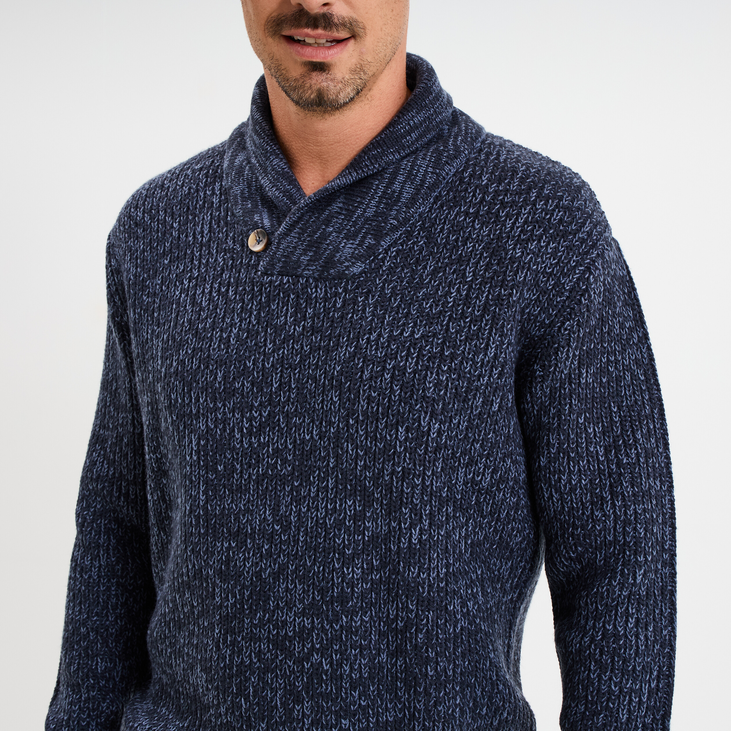 Pull col châle manches longues bleu marine homme | La Halle