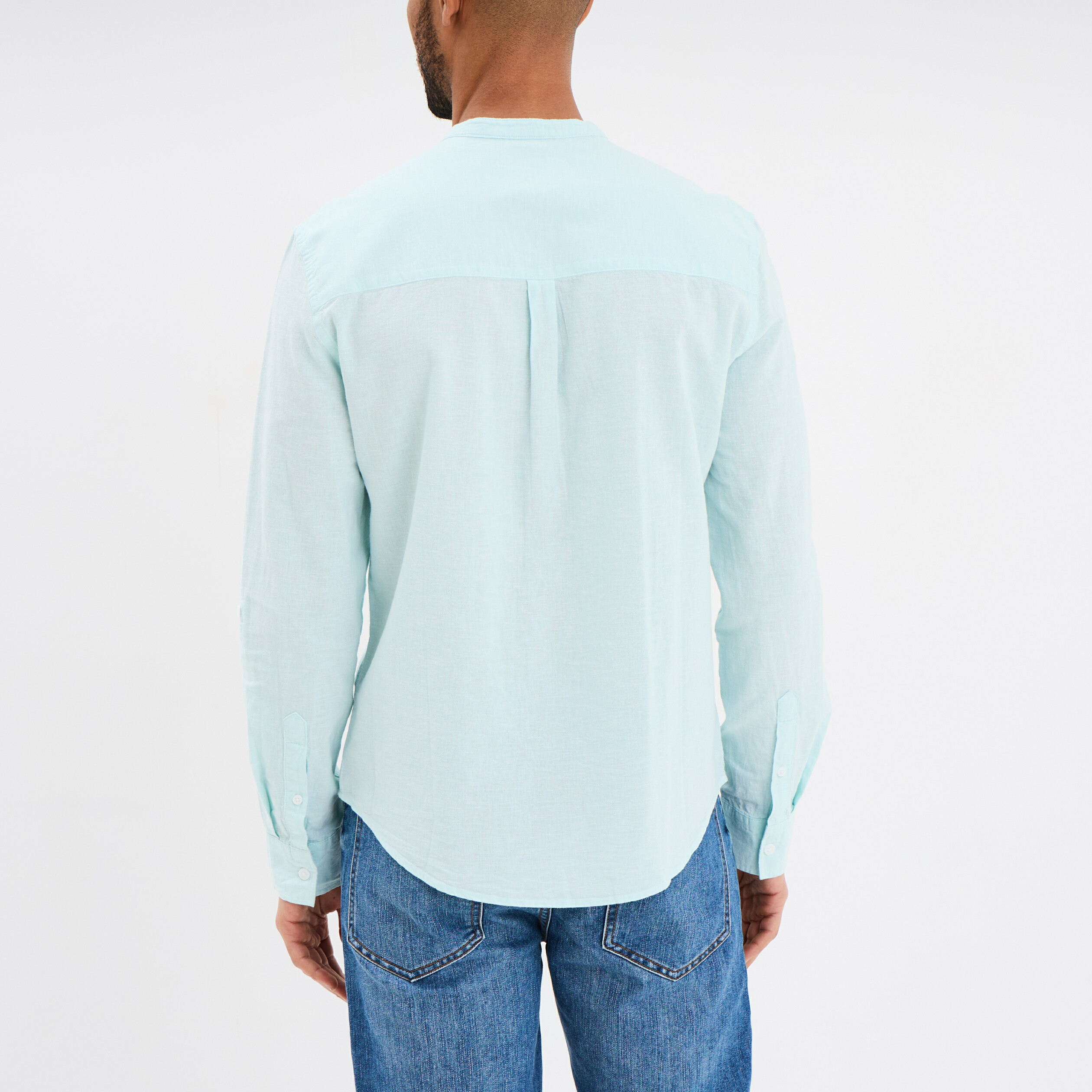 Chemise col mao lin mélangé bleu turquoise homme | La Halle