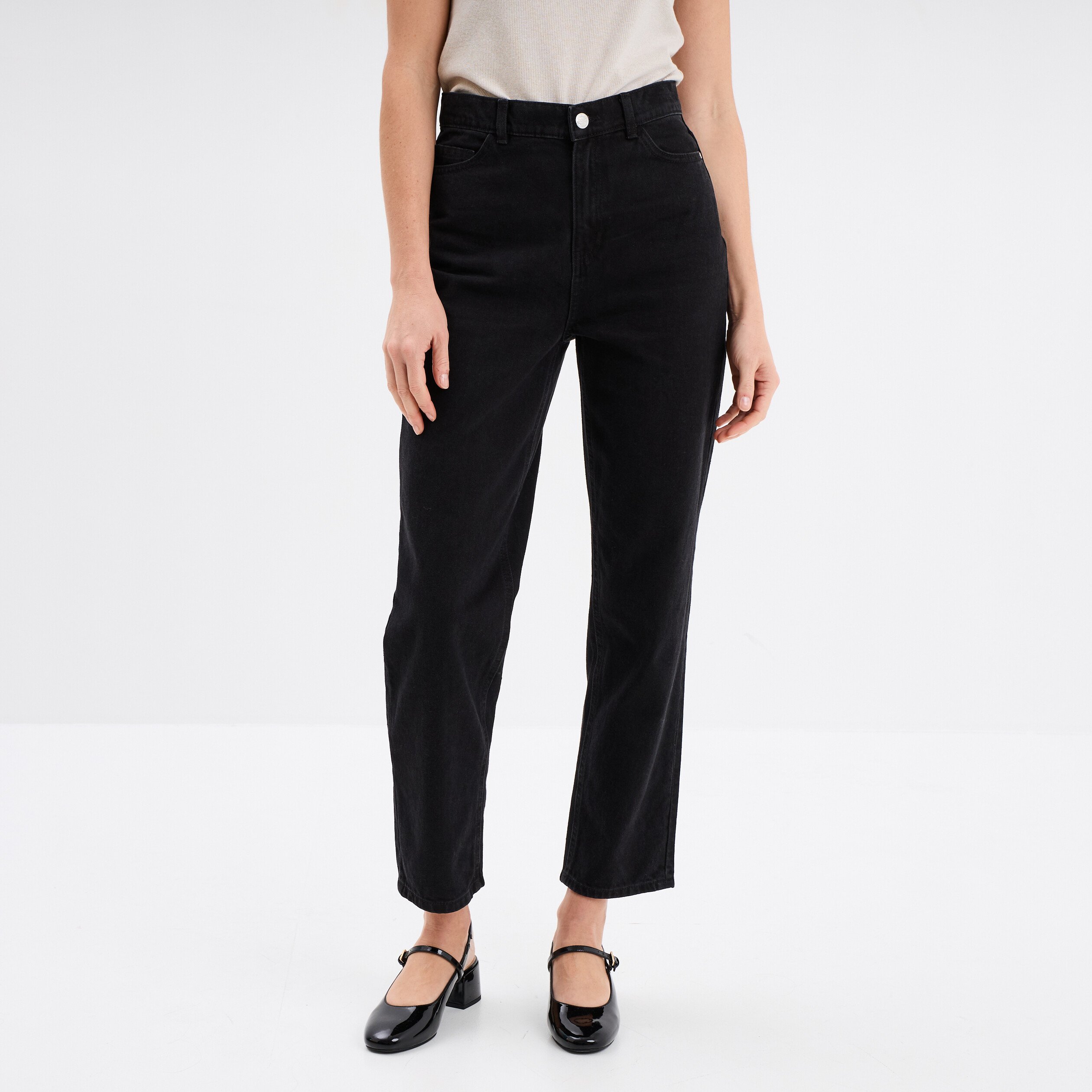 Jeans mom 7/8ème taille haute denim noir femme | La Halle
