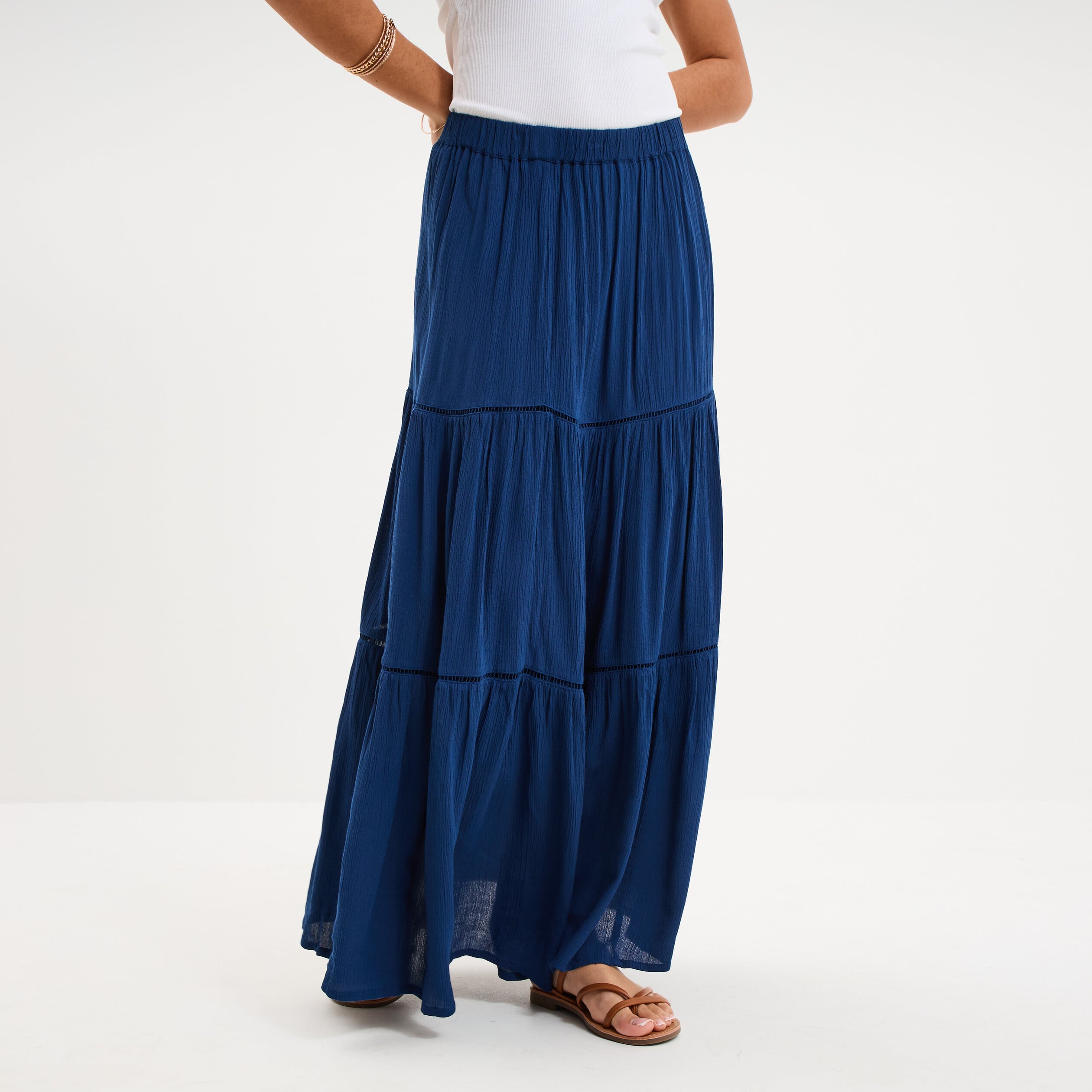 Jupe longue fluide taille élastiquée bleu marine femme | La Halle