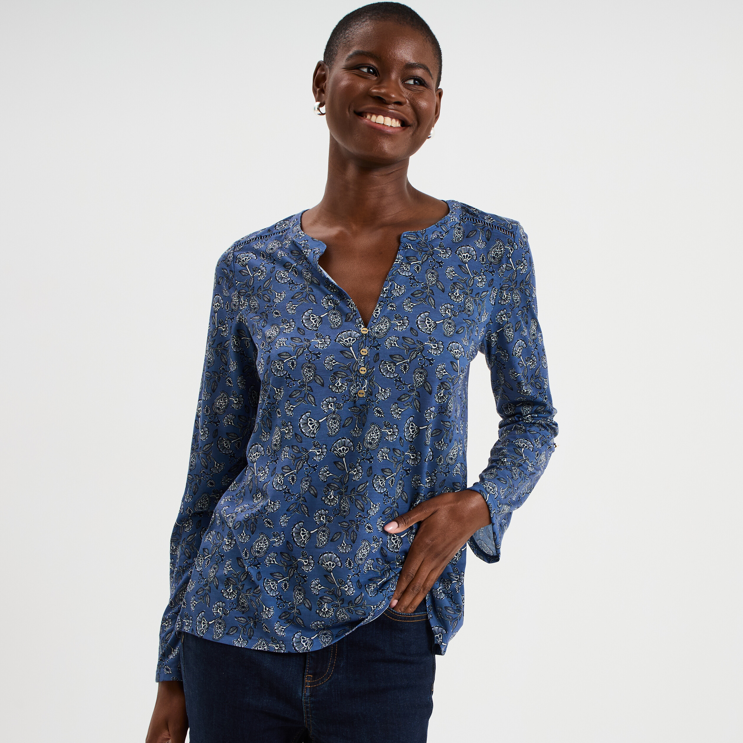 T-shirt col mao manches retroussables bleu gris femme | La Halle