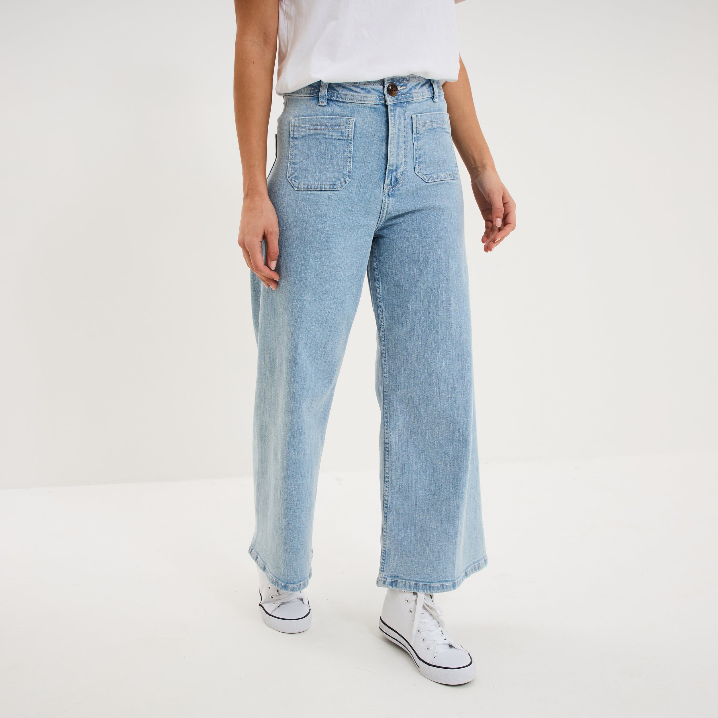 Jean large cropped poches plaquées coton denim triple stone femme | La ...