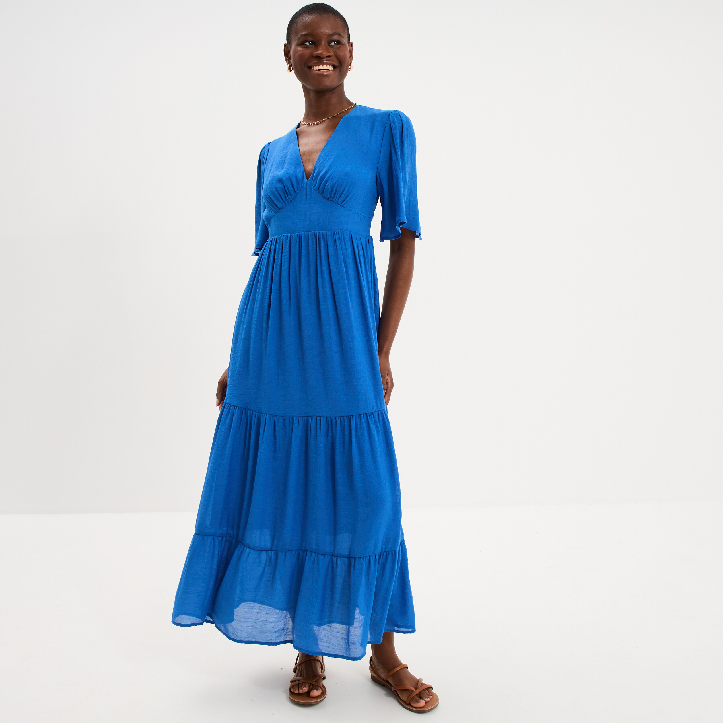 Robe longue fluide à volants bleu electrique femme | La Halle
