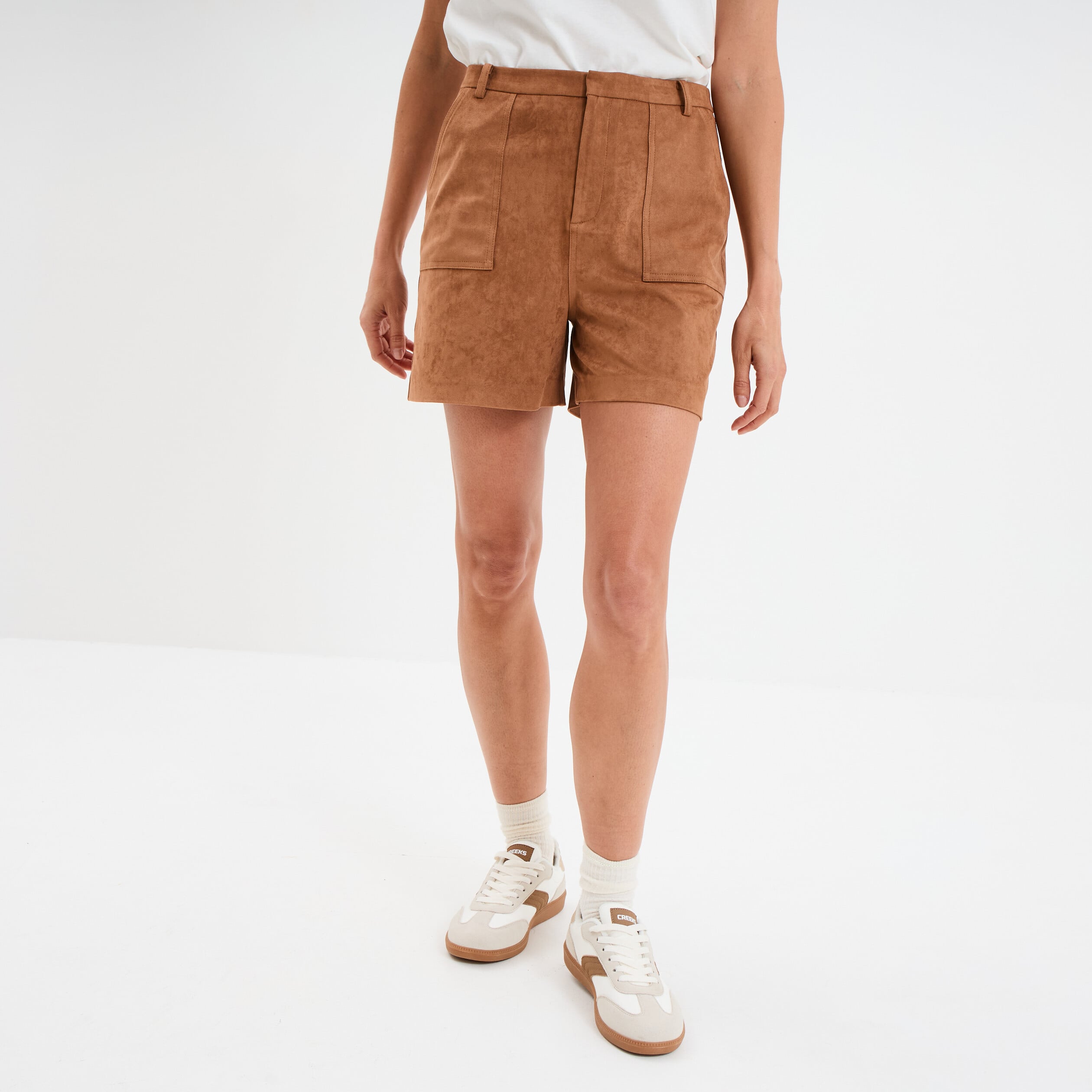Short effet suédine droit taille haute marron clair femme | La Halle