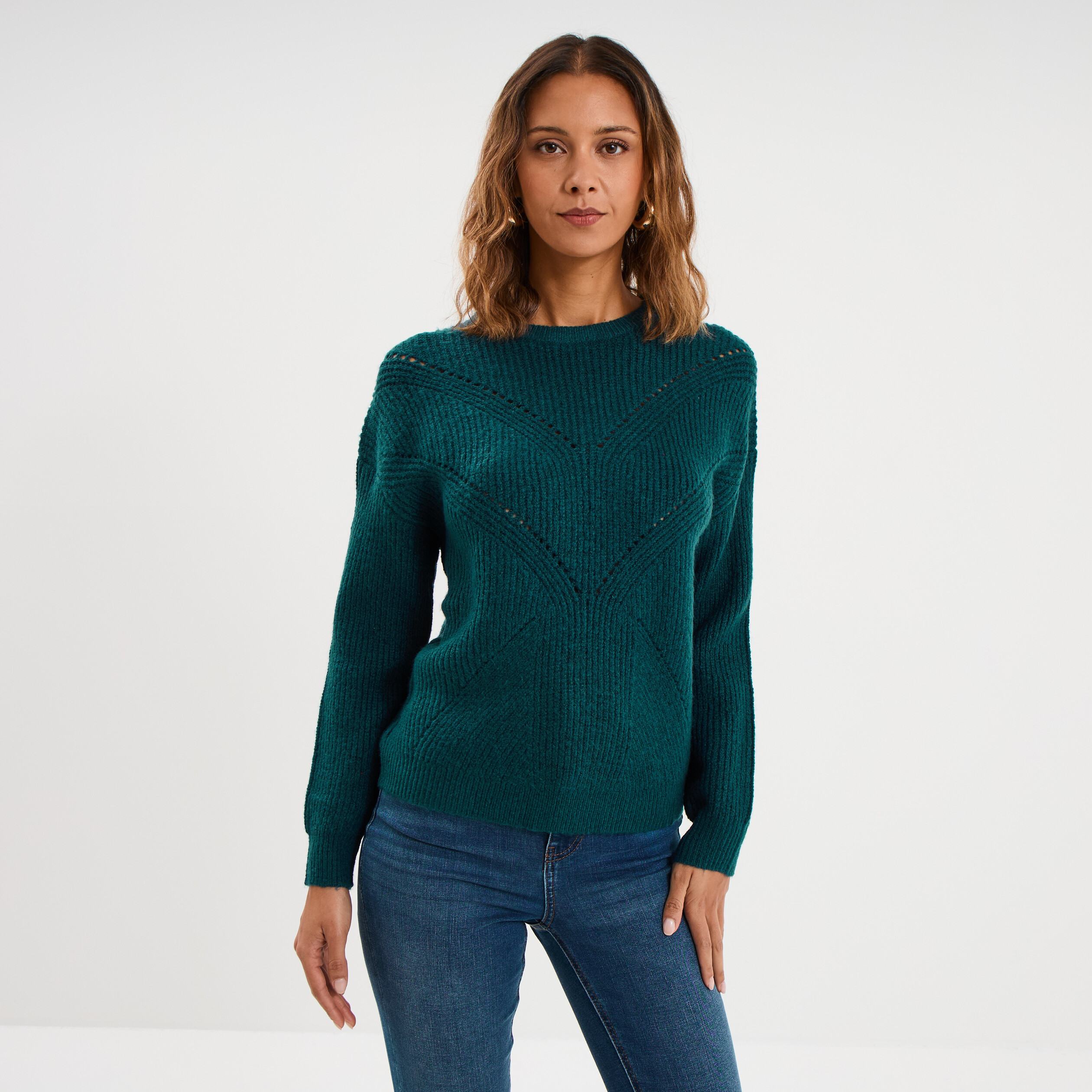 Pull col rond aspect laineux bleu canard femme | La Halle