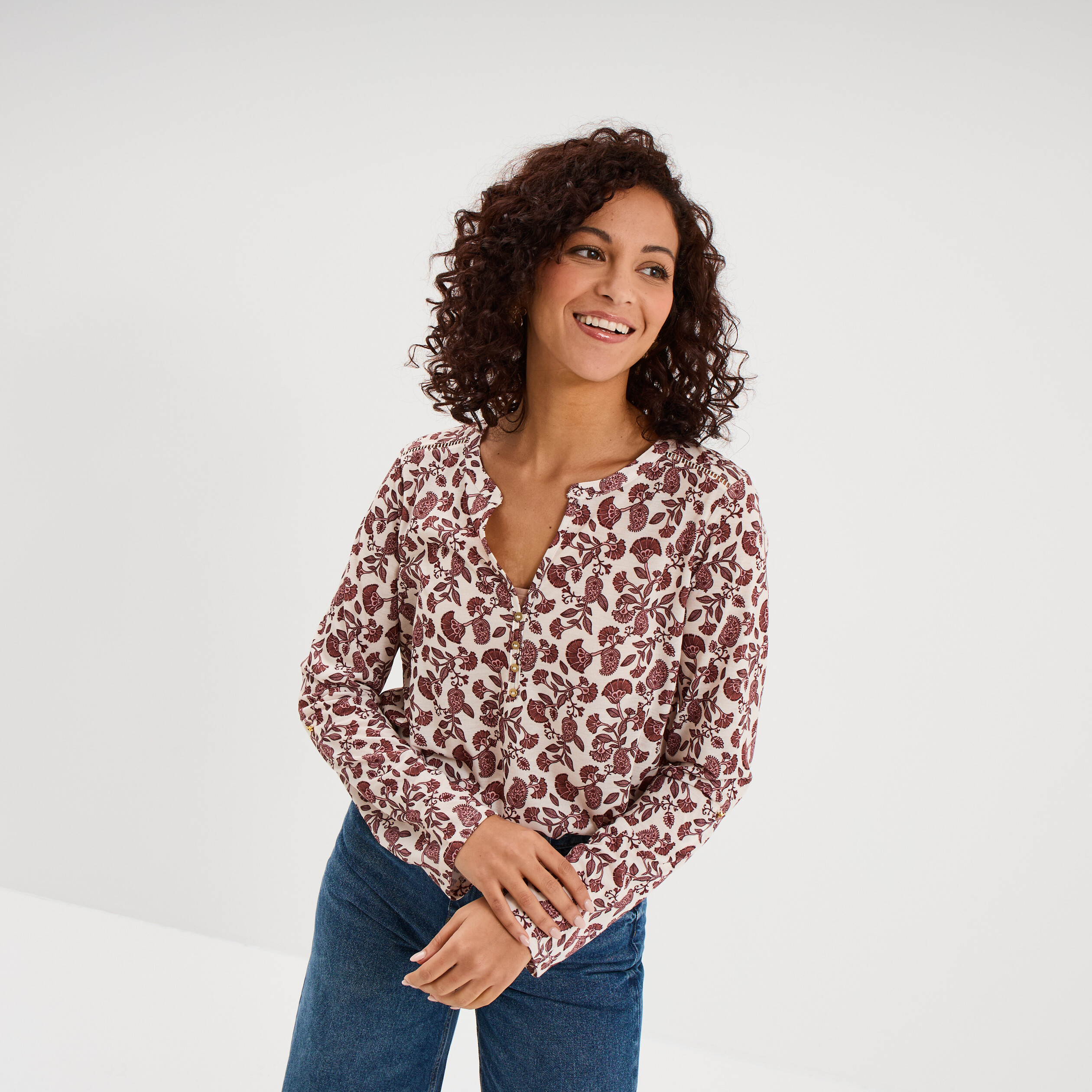 T-shirt col mao manches retroussables ecru femme | La Halle