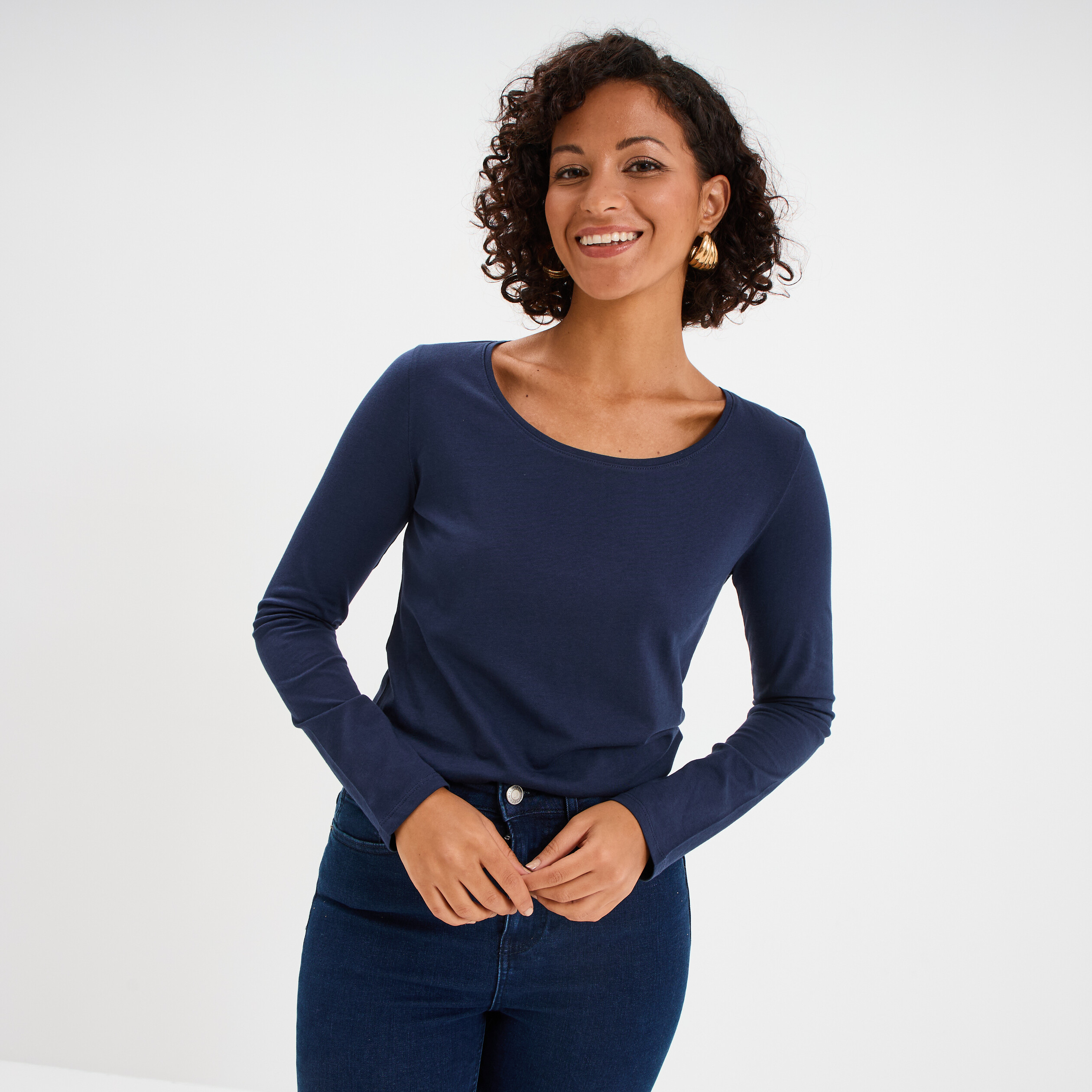 T-shirt coton col rond manches longues bleu marine femme | La Halle