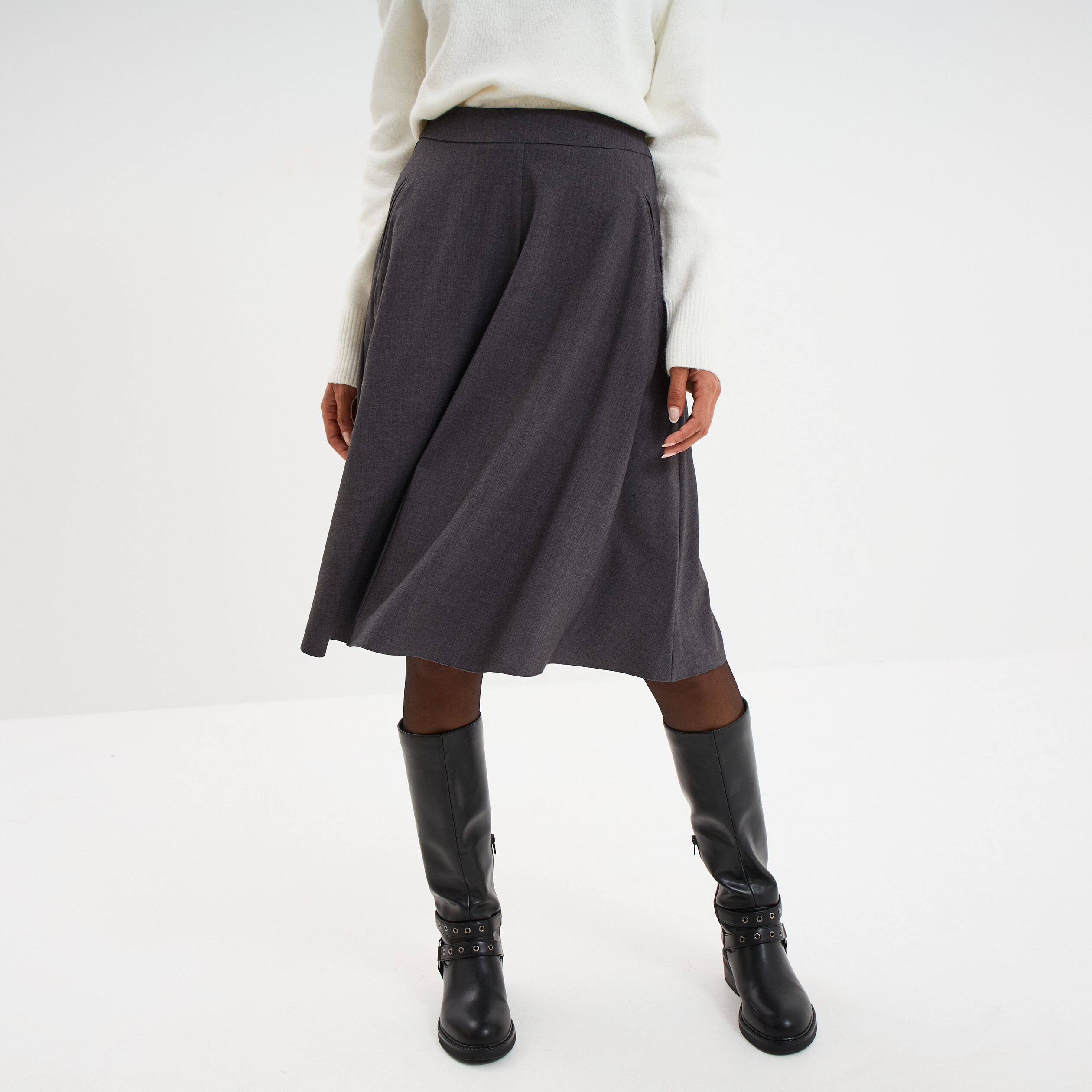 Jupe trapèze fluide gris foncé femme | La Halle