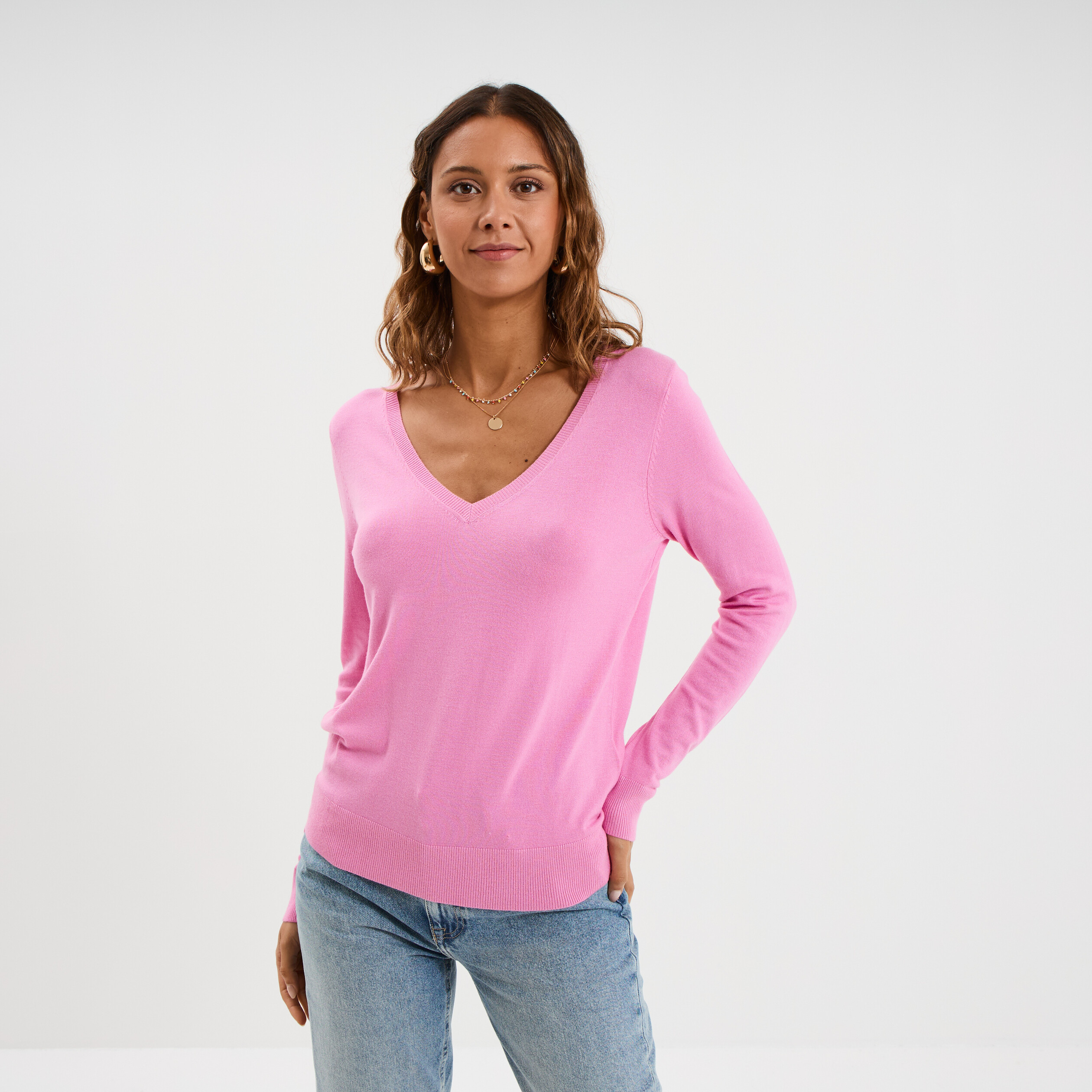 Pull col en V manches longues rose femme | La Halle