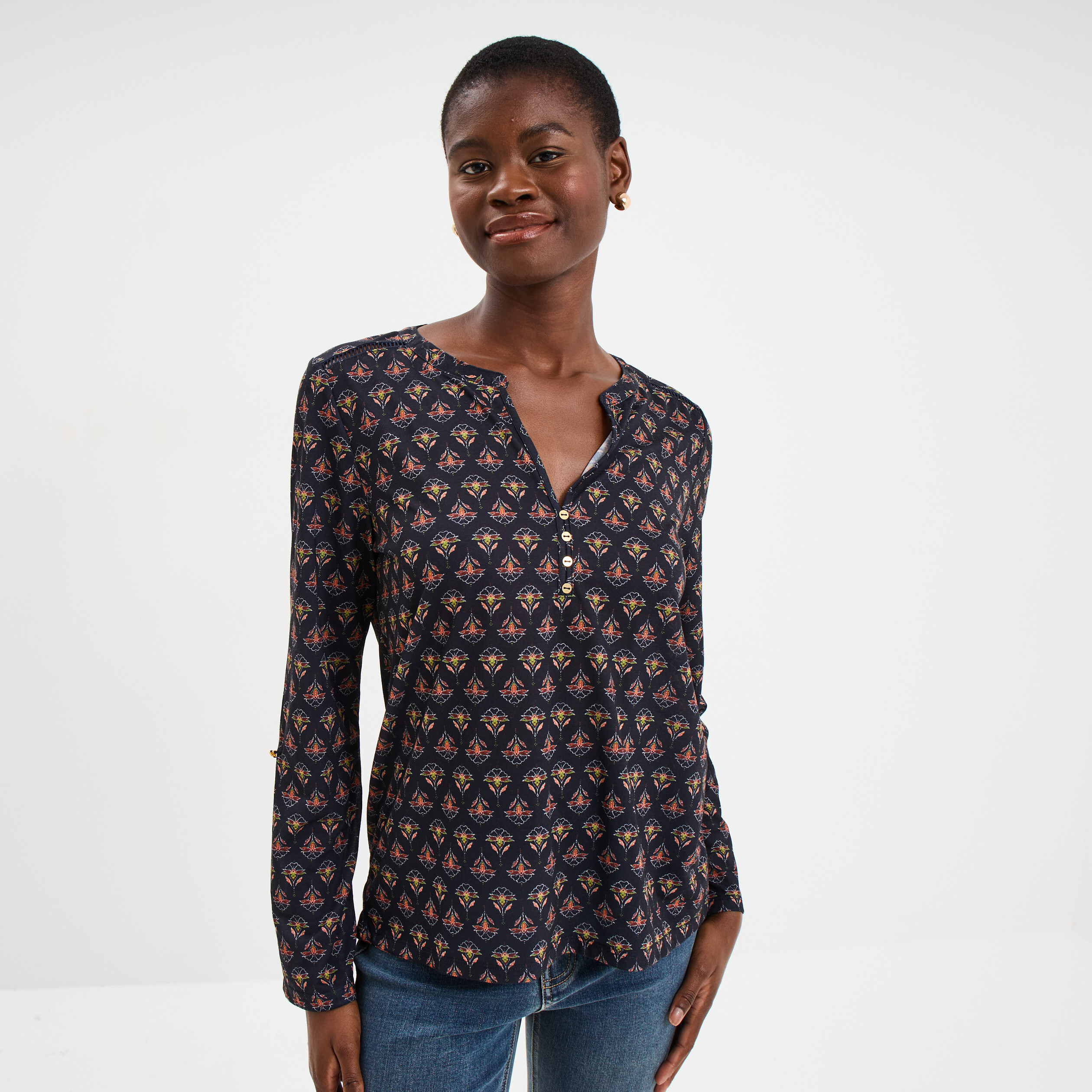 T-shirt col mao manches retroussables bleu marine femme | La Halle